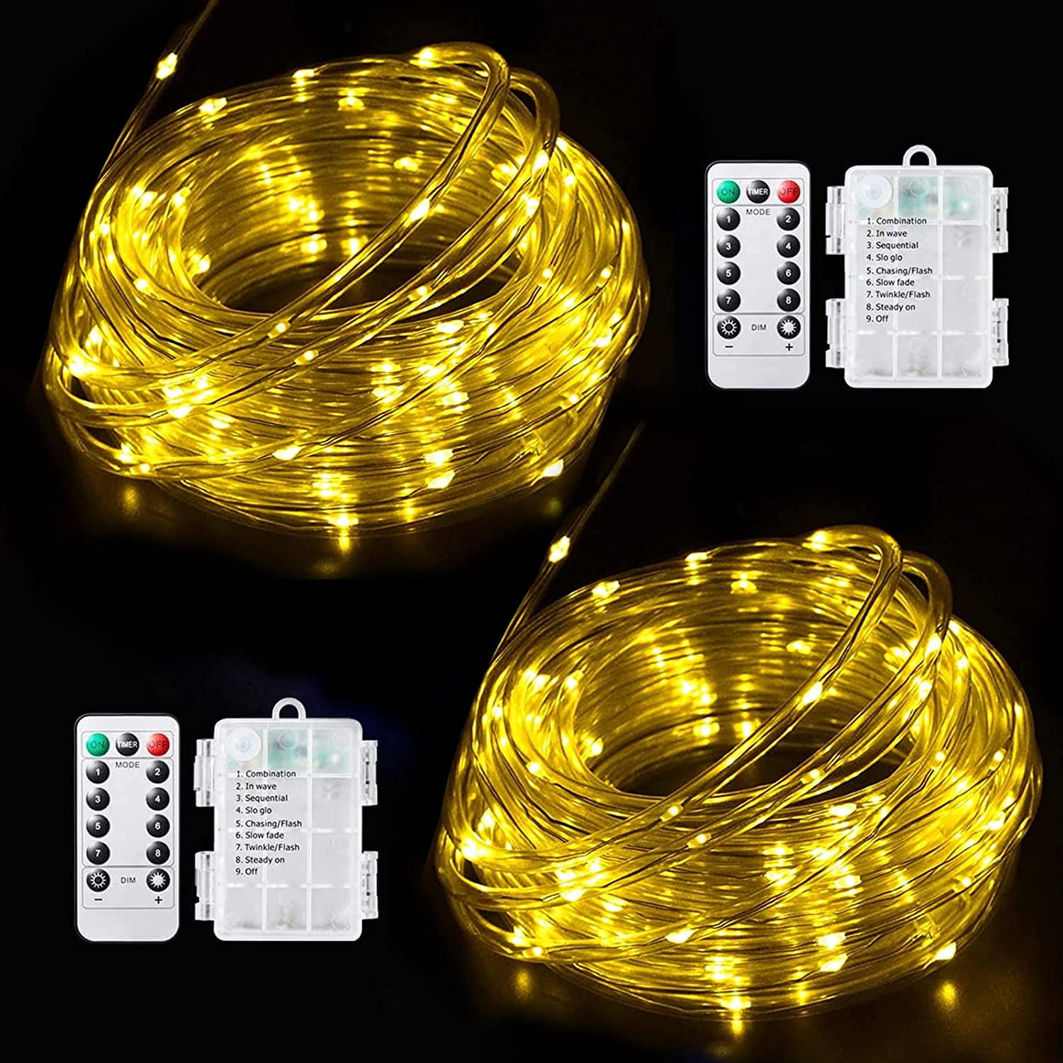 Morttic LED Rope Lights Battery Operated, 2 Pack Each 39Ft 100 LED ...