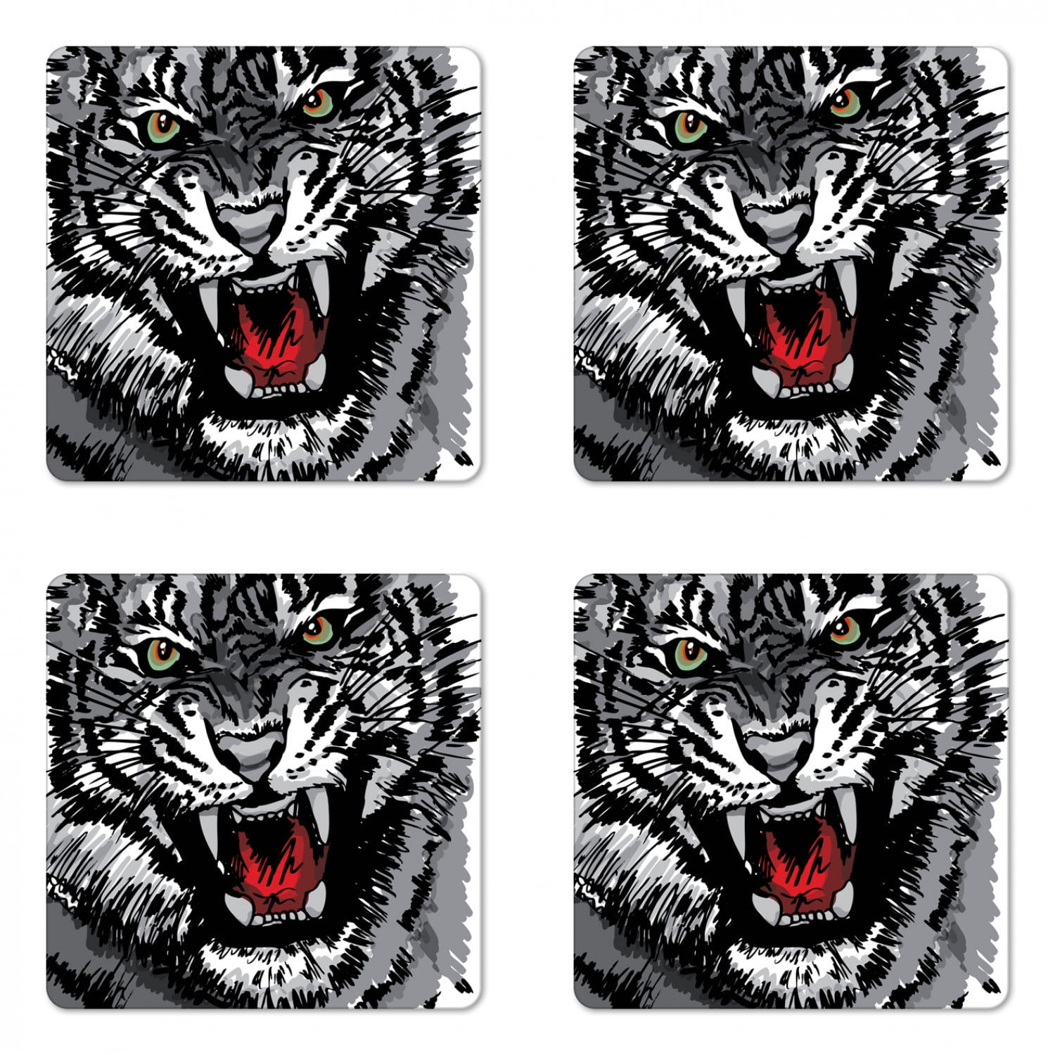 Safari Coaster Set of 4, Illustration of Charismatic Tiger Territorial ...