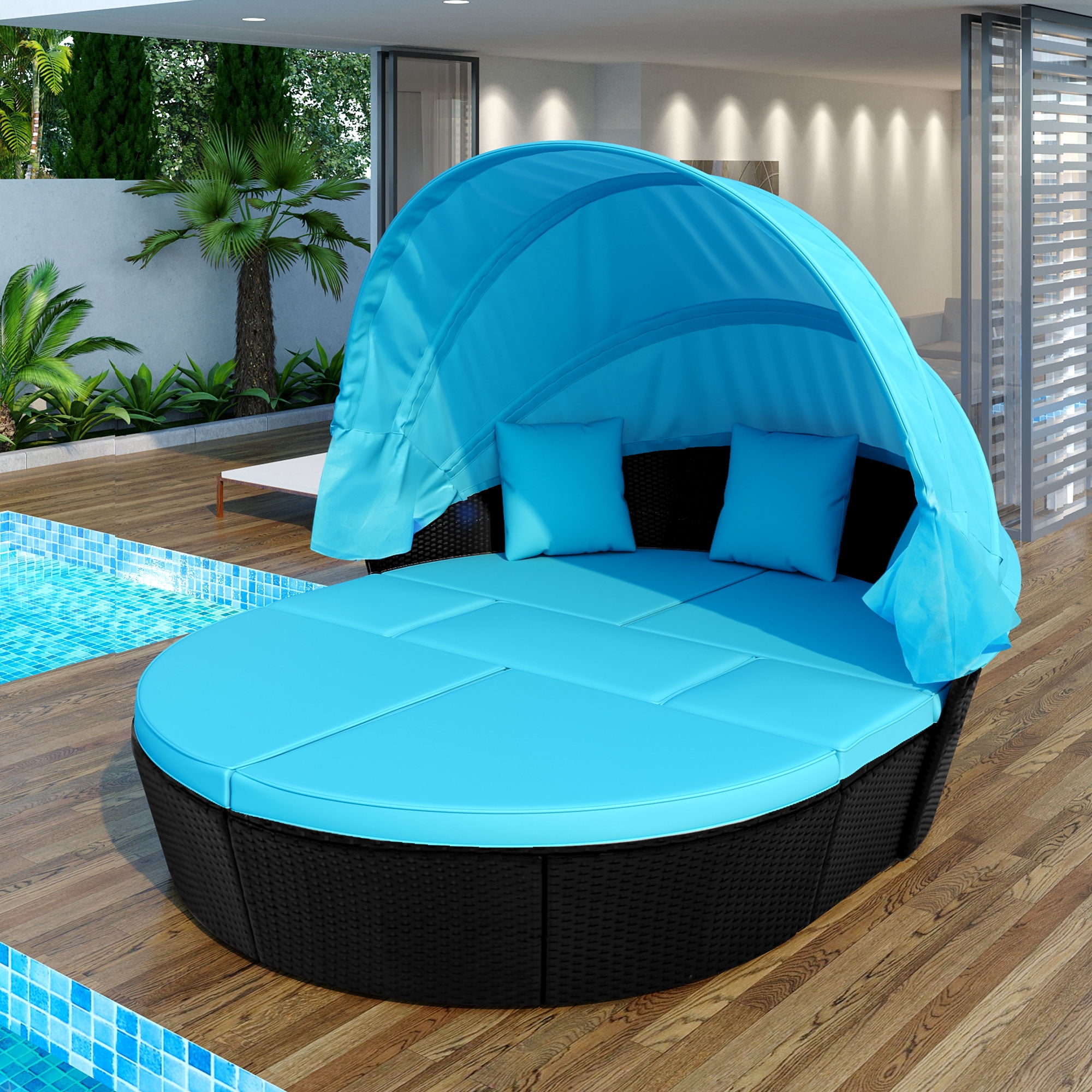 Outdoor Round Daybed Sunbed with Retractable Canopy, All-Weather PE ...