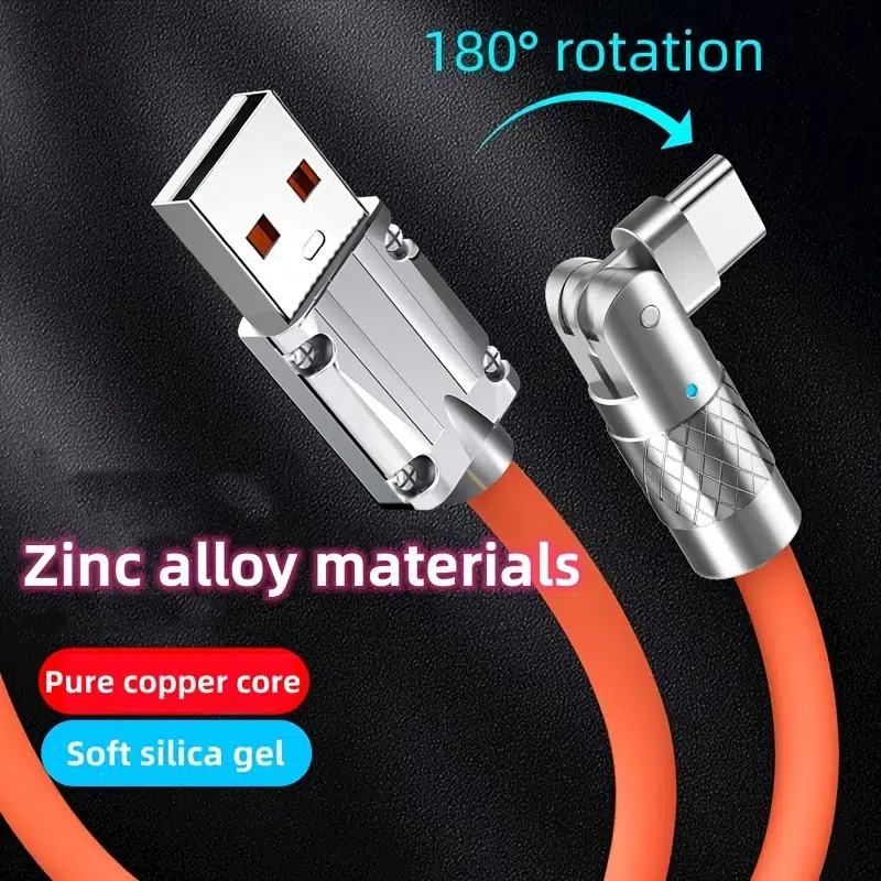 Zinc Alloy 180 ° Rotation Data Cable, 6A Fast Charging Silica Gel USB ...