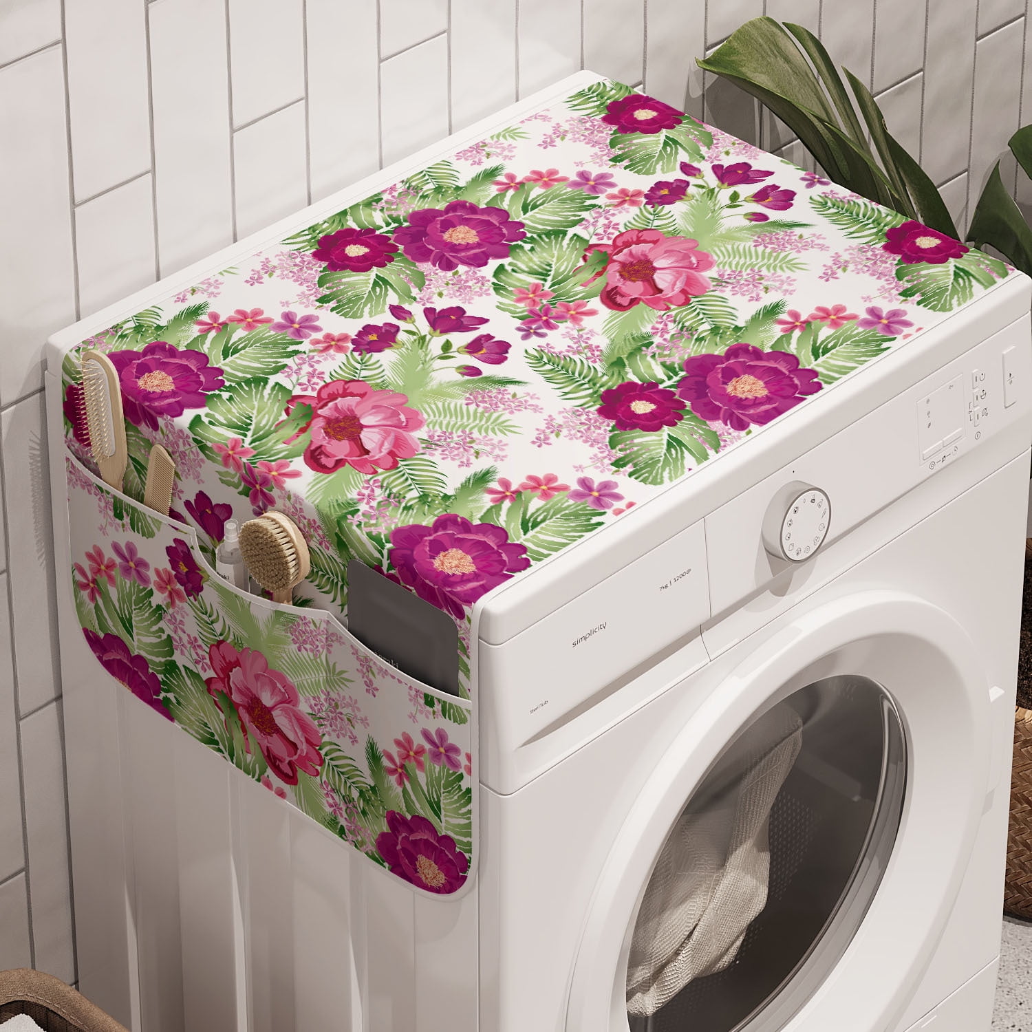 Exotic Washing Machine Organizer, Tropical Plant Monstera Hibiscus ...