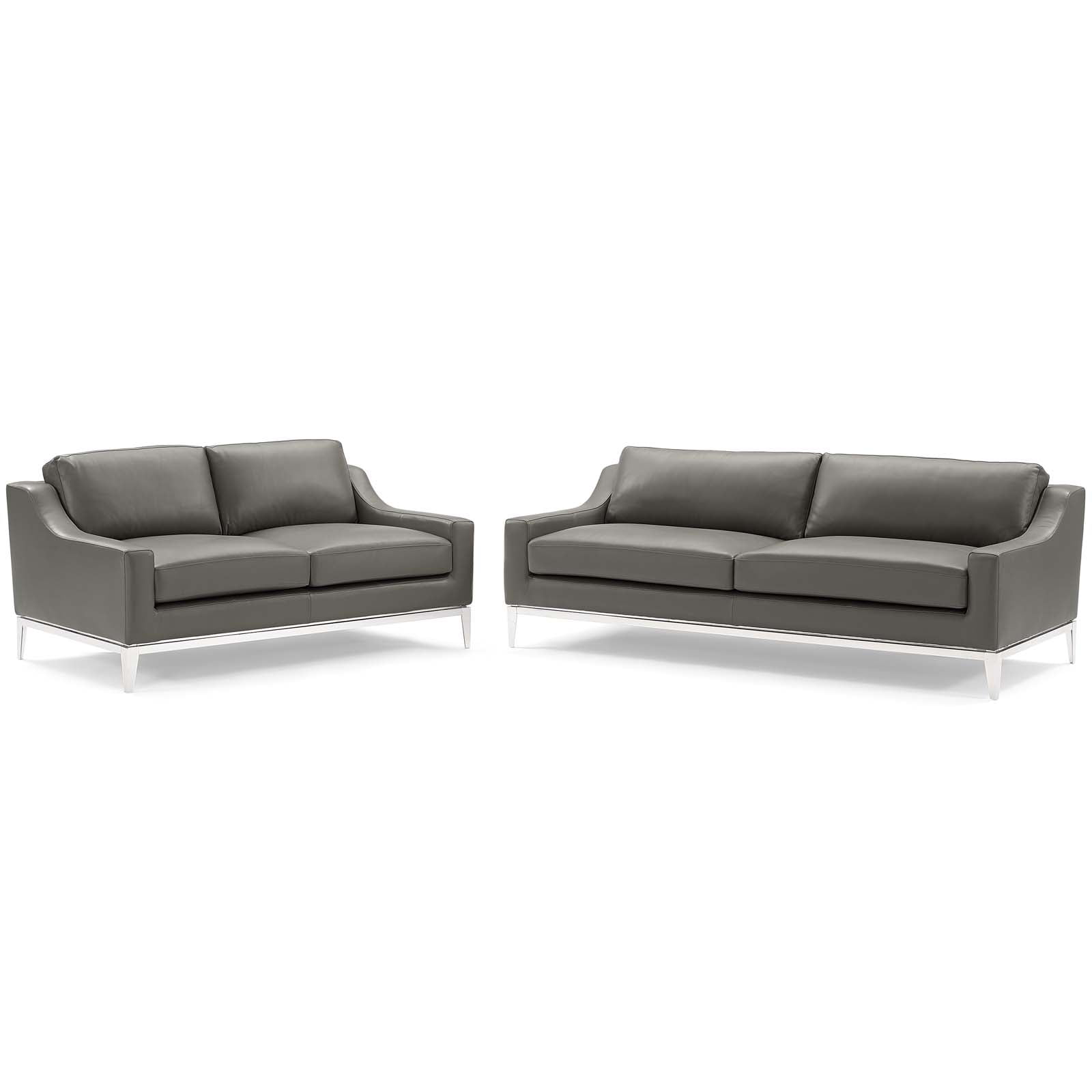 Loveseat and Sofa Set, Leather, Steel, Grey Gray, Modern Contemporary ...