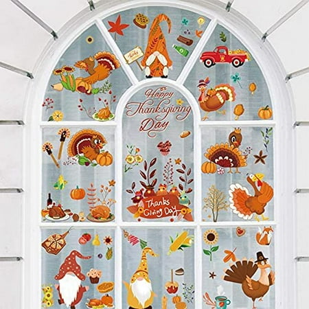 AIMTYD 9 Sheets Thanksgiving Window Clings,Large Autumn Gnome Leaves ...