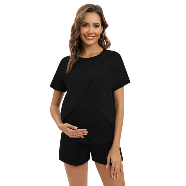 Baywell Womens Maternity Nursing Pajama Set 2 Piece Short Sleeve Top