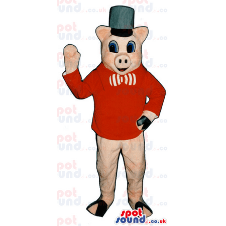 Pig Plush SPOTSOUND Mascot Wearing A Hat- Bow Tie And Red Jacket ...