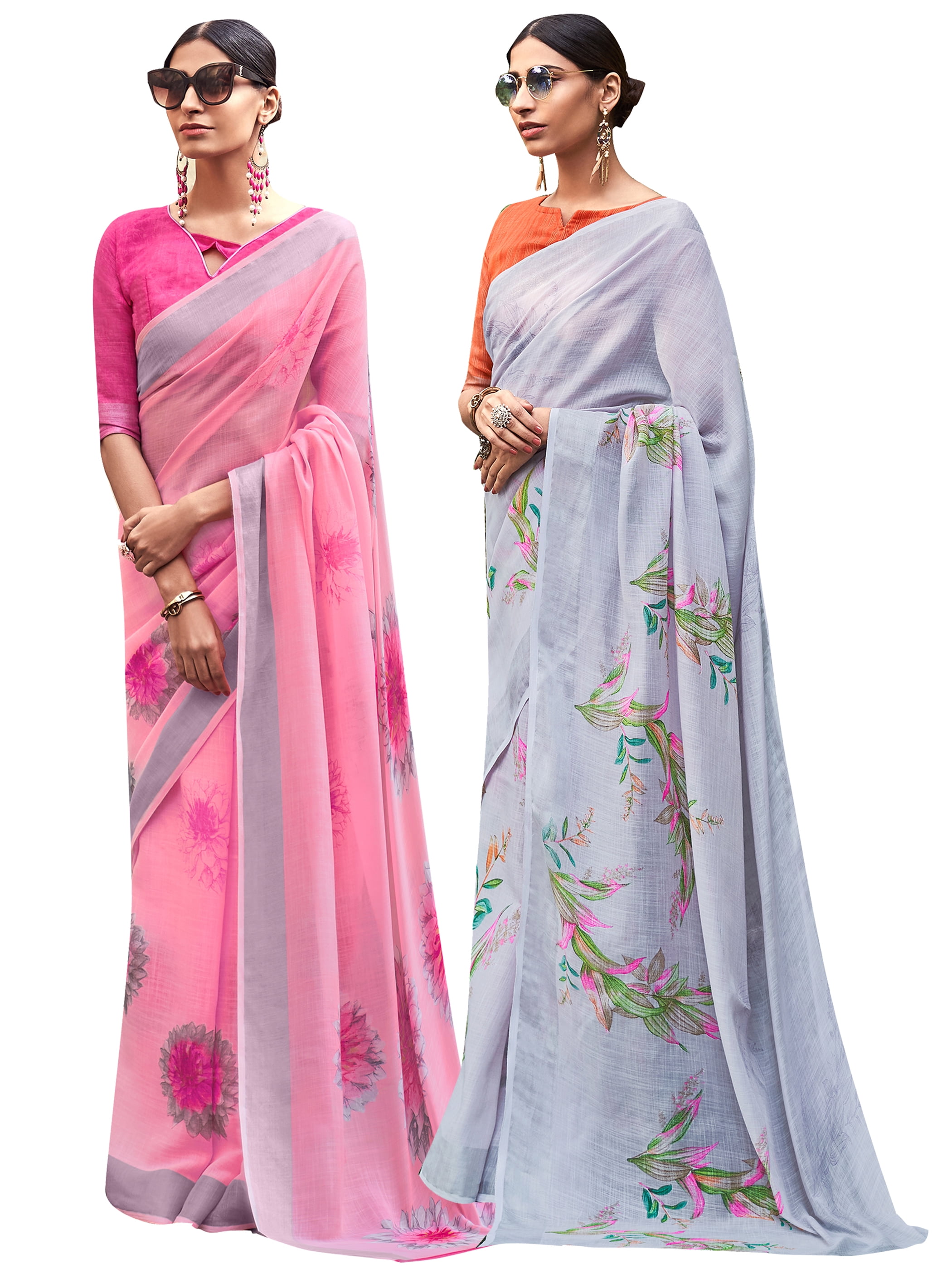 Pack of Two Saree for Women Printed Cotton Silk Indian Wedding Sari ...