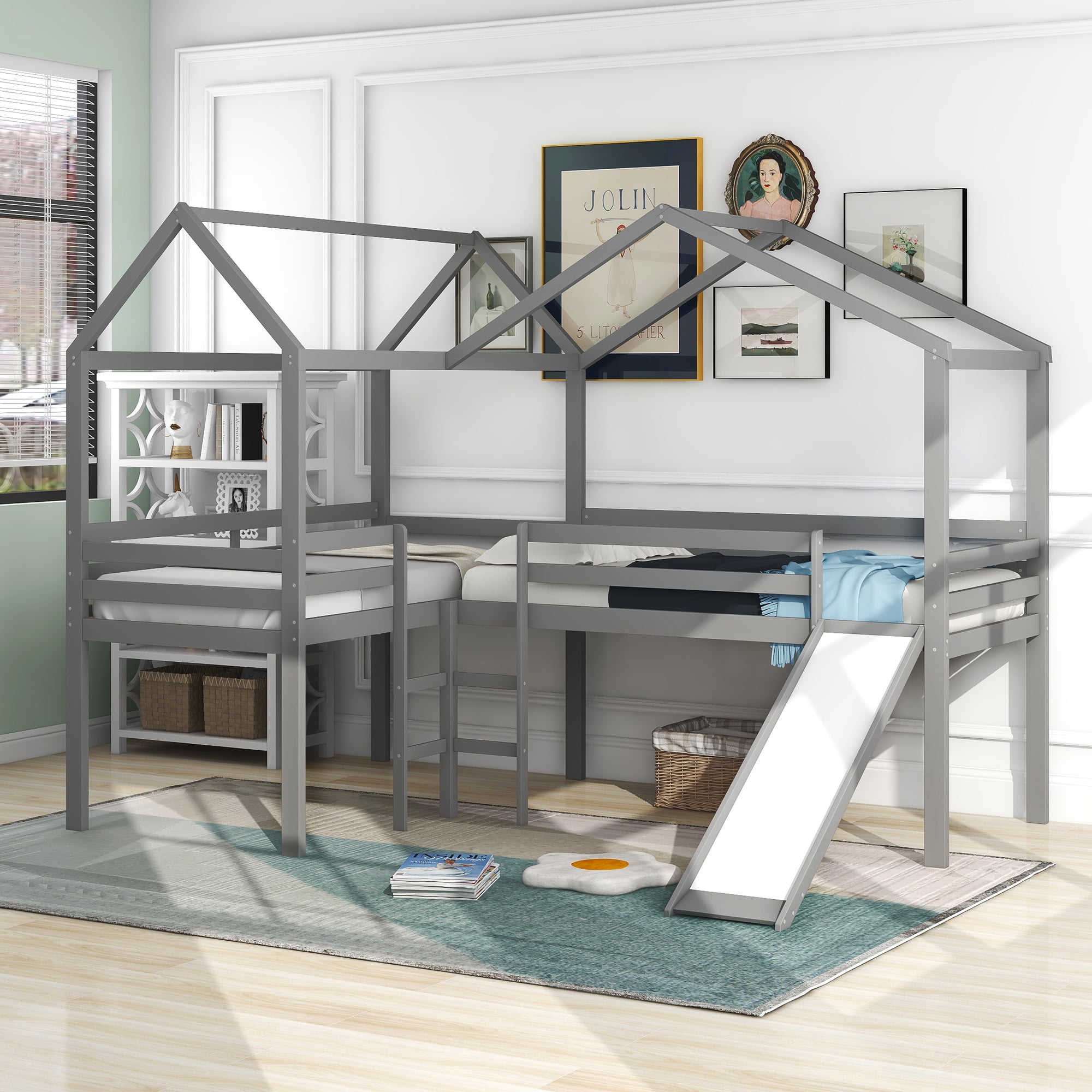 Gray Twin Size Wood House Loft Bed with Roof,Slide,Guardrail - Walmart.com