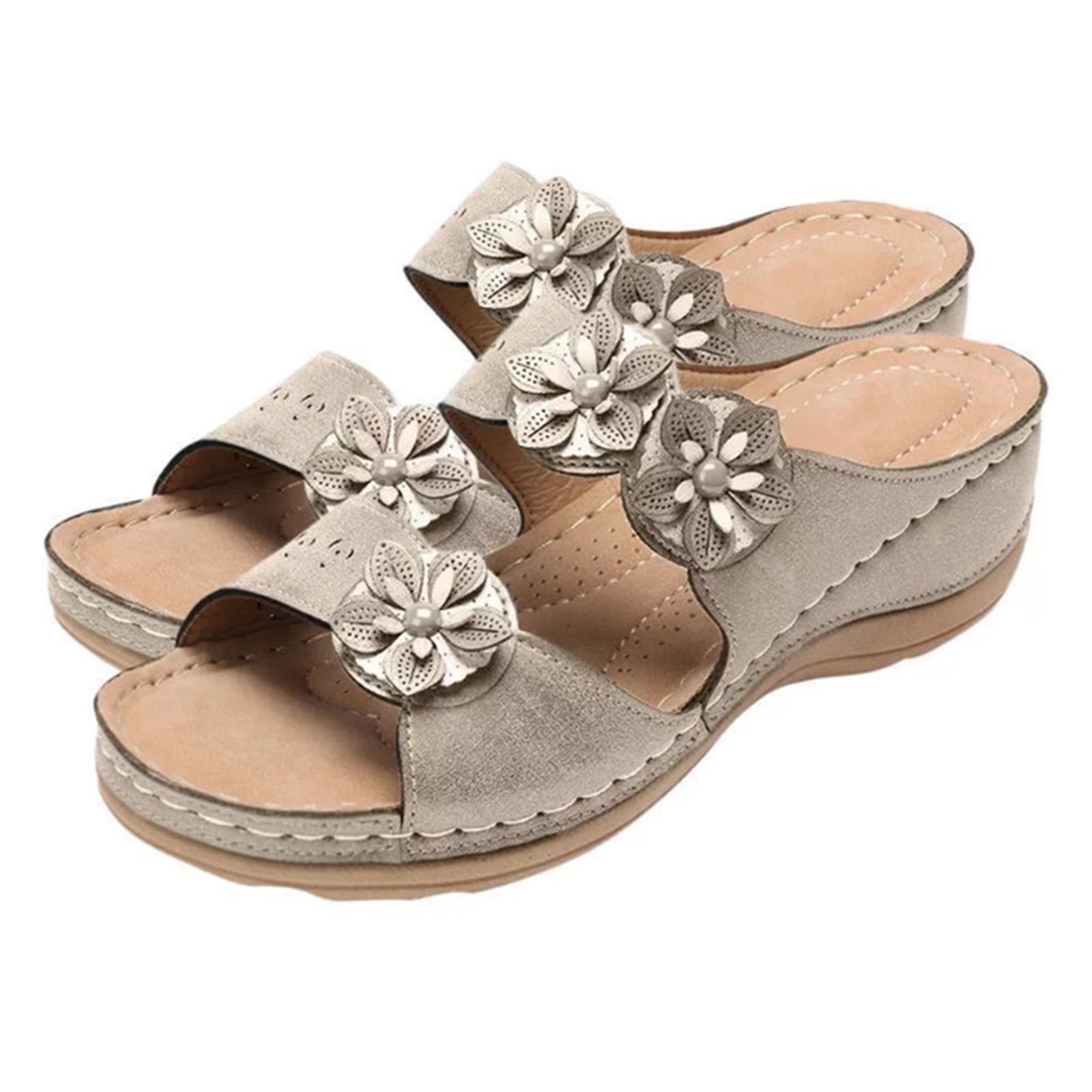 huanledash Vintage Women Flowers Open Toe Wedge Sandals Outdoor Slip On ...