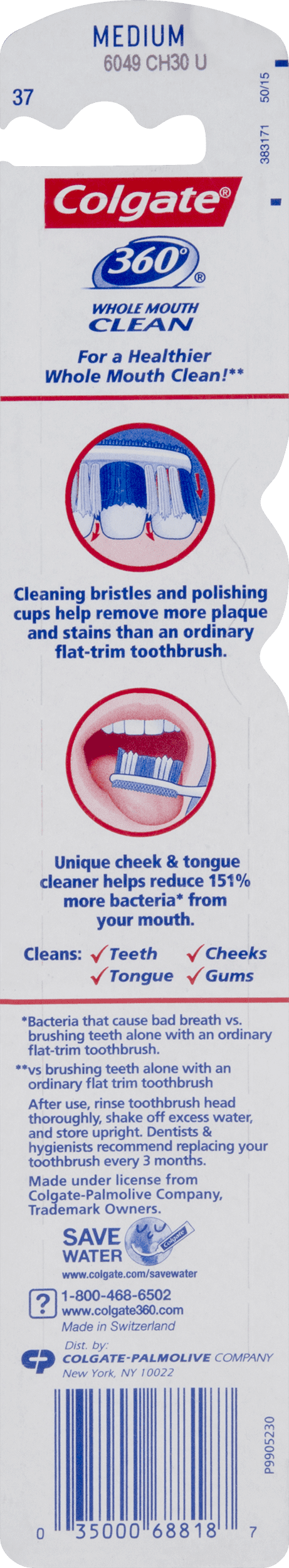 Colgate 360° Toothbrush with Tongue and Cheek Cleaner, Medium, 1 Ct