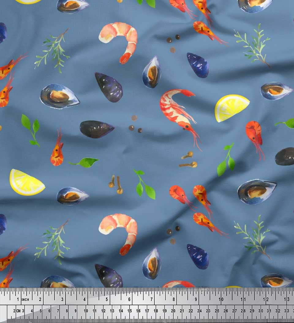 Soimoi Cotton Poplin Fabric Gemstone,Lemon Slice & Prawns Food Print ...