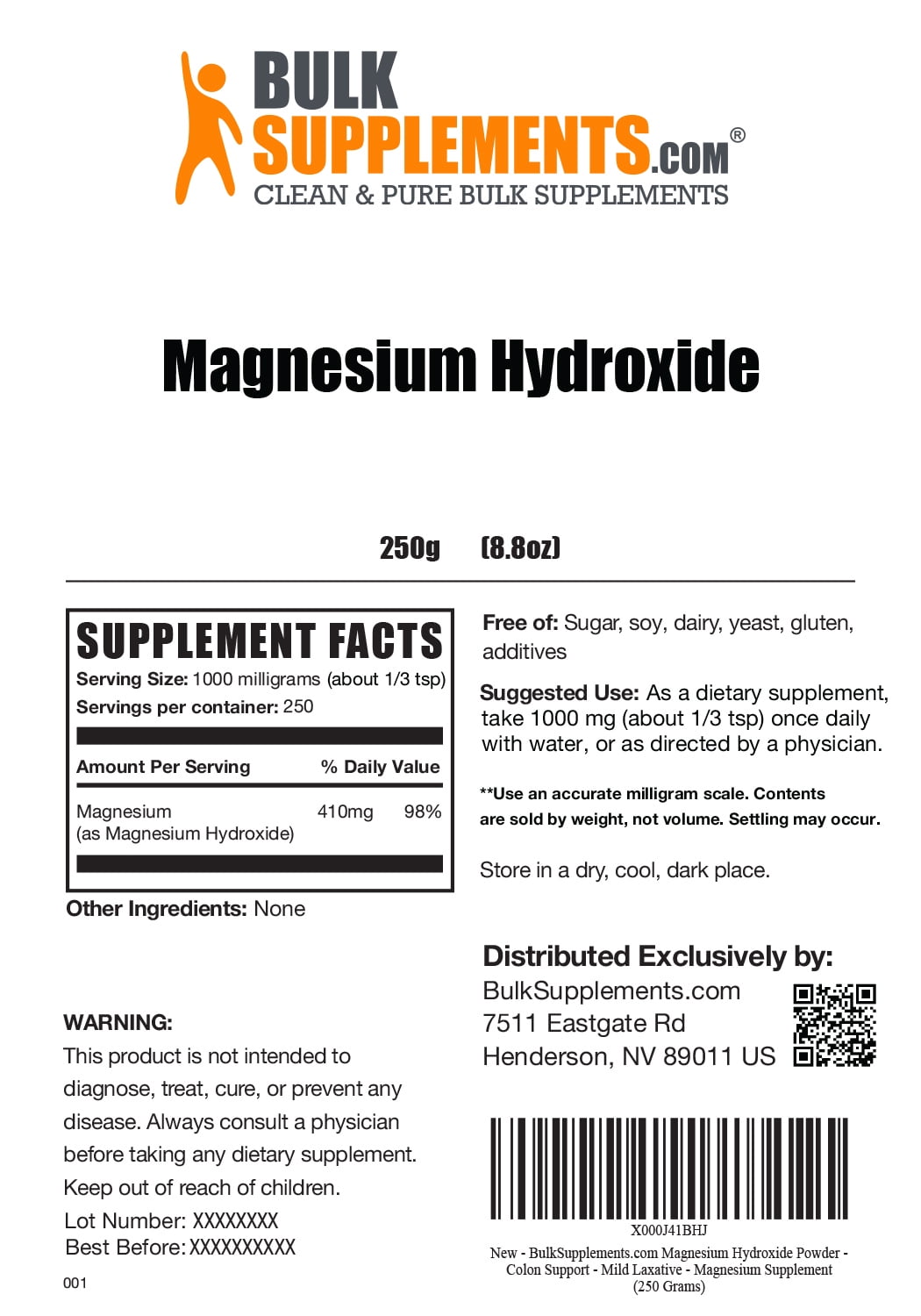 BulkSupplements.com Magnesium Hydroxide Powder – Colon Support – Mild Laxative – Magnesium ...