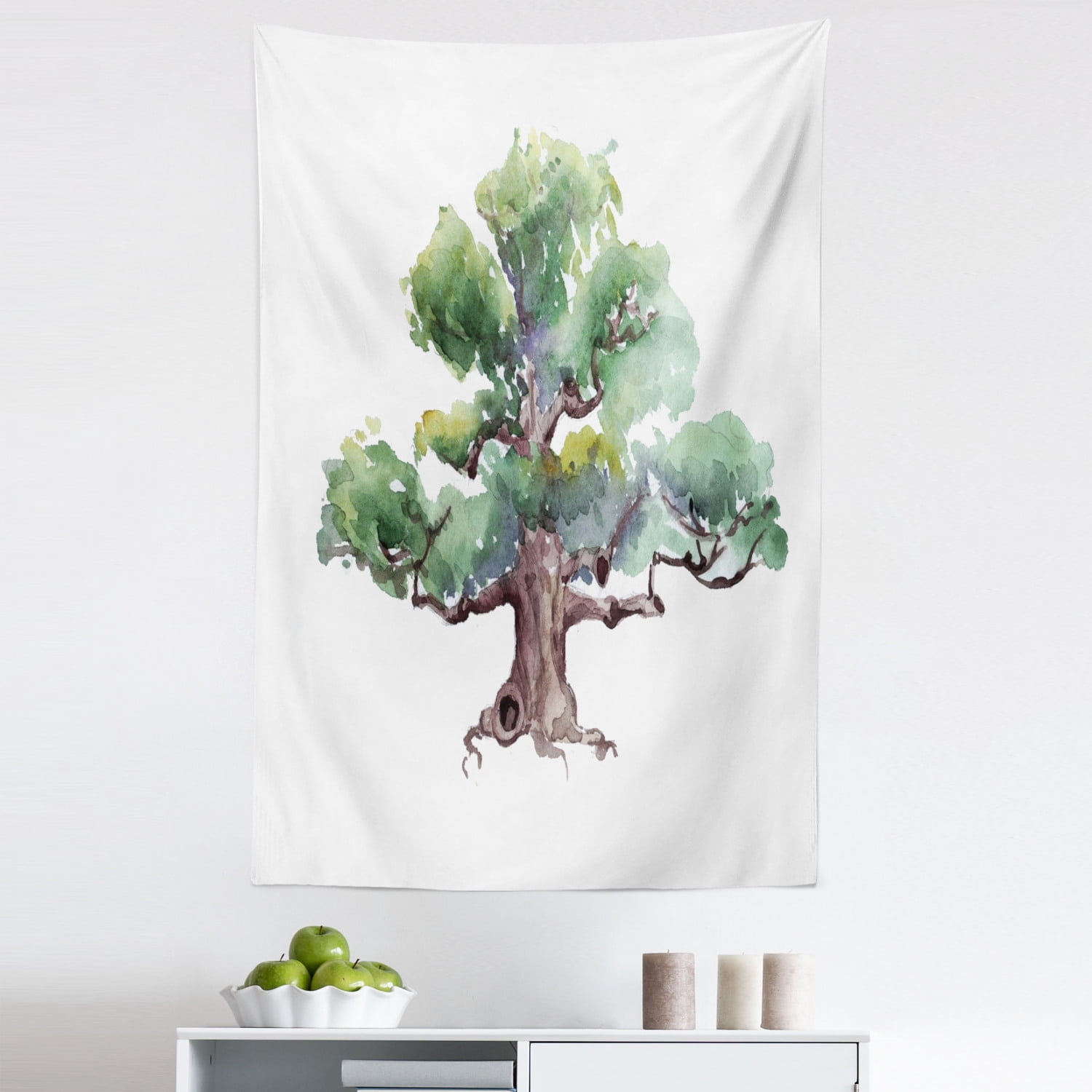 Oak Tree Tapestry, Watercolor Painting Print of Nature Leaf Branches in ...