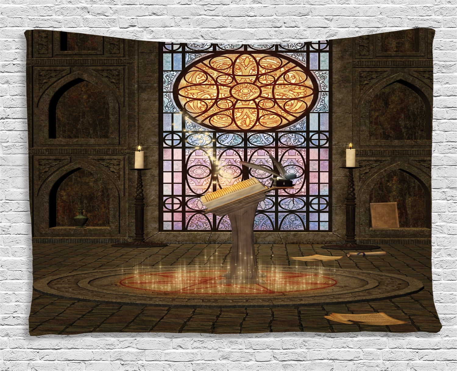 Gothic House Decor Tapestry, Lectern on Pentagram Medieval Architecture ...