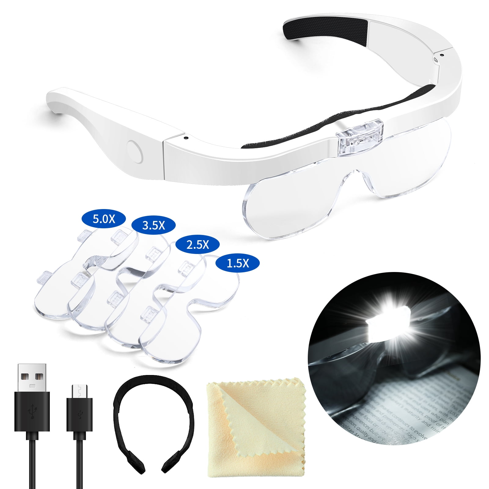 OBOVO Head Magnifier Glasses with 2 LED Lights, USB Charging Handsfree Magnifying Eyeglasses for ...