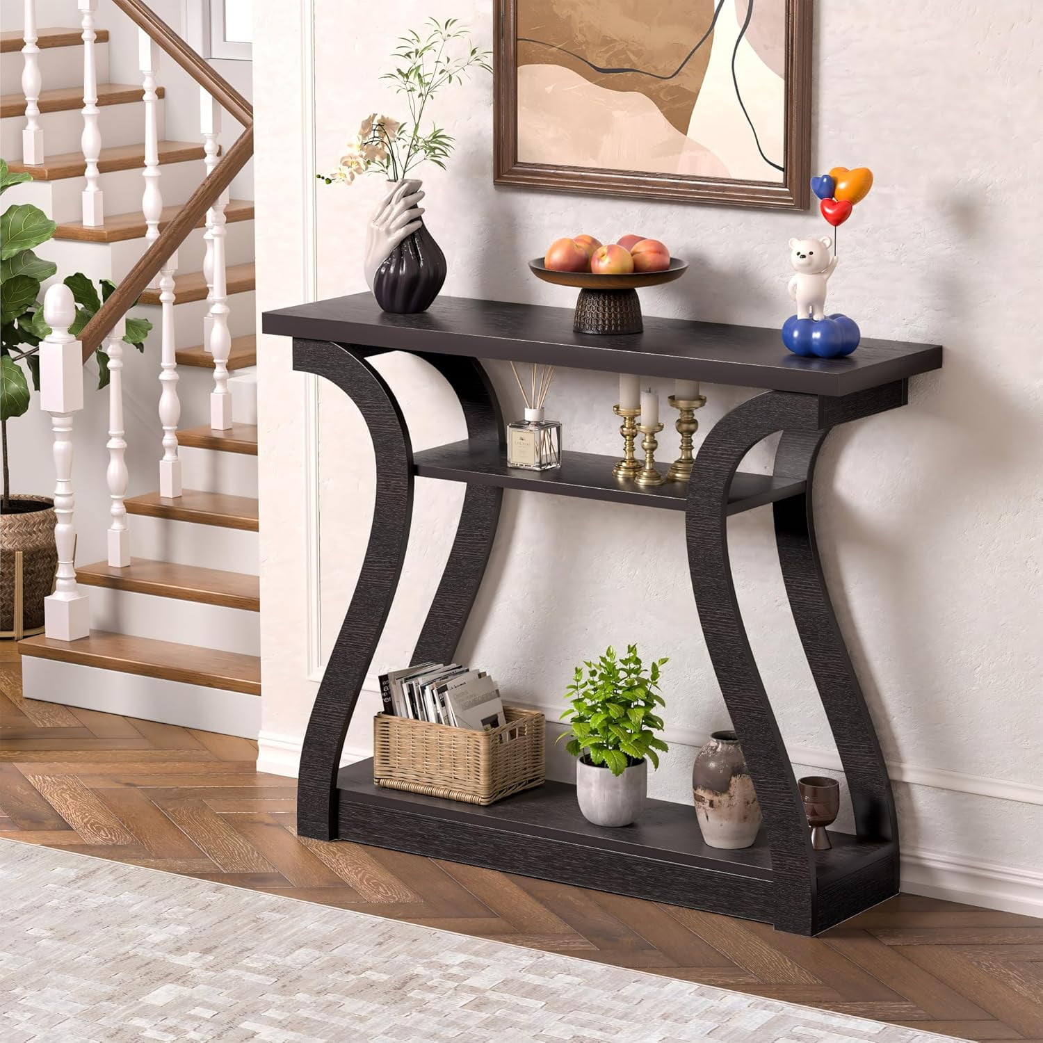 Wooden Console Table with Curved Legs and Shelf, 3-Tier Modern Accent ...