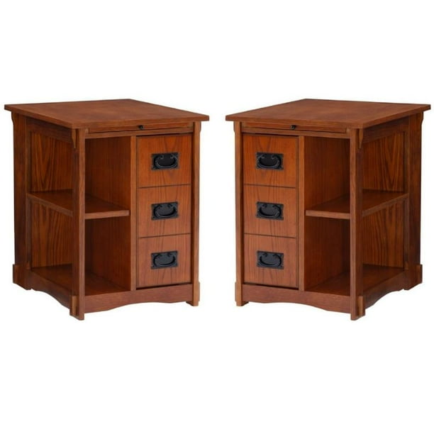 Home Square Mission Oak Wood Cabinet Table in Brown - Set of 2 ...