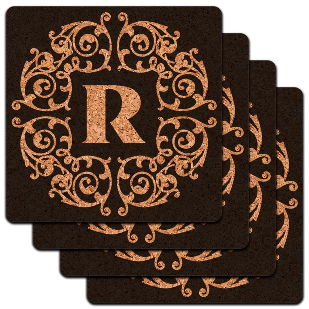 Letter R Initial Black White Scrolls Low Profile Cork Coaster Set ...