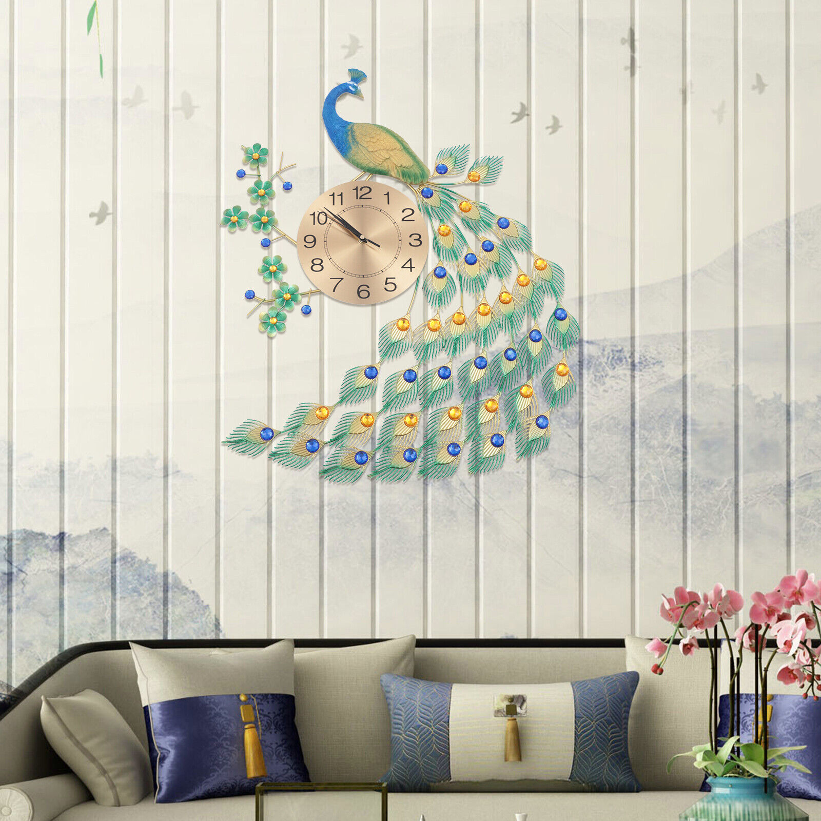 Modern Luxury Peacock Wall Clock 3D Metal 8.26" Big Watch Art Home ...