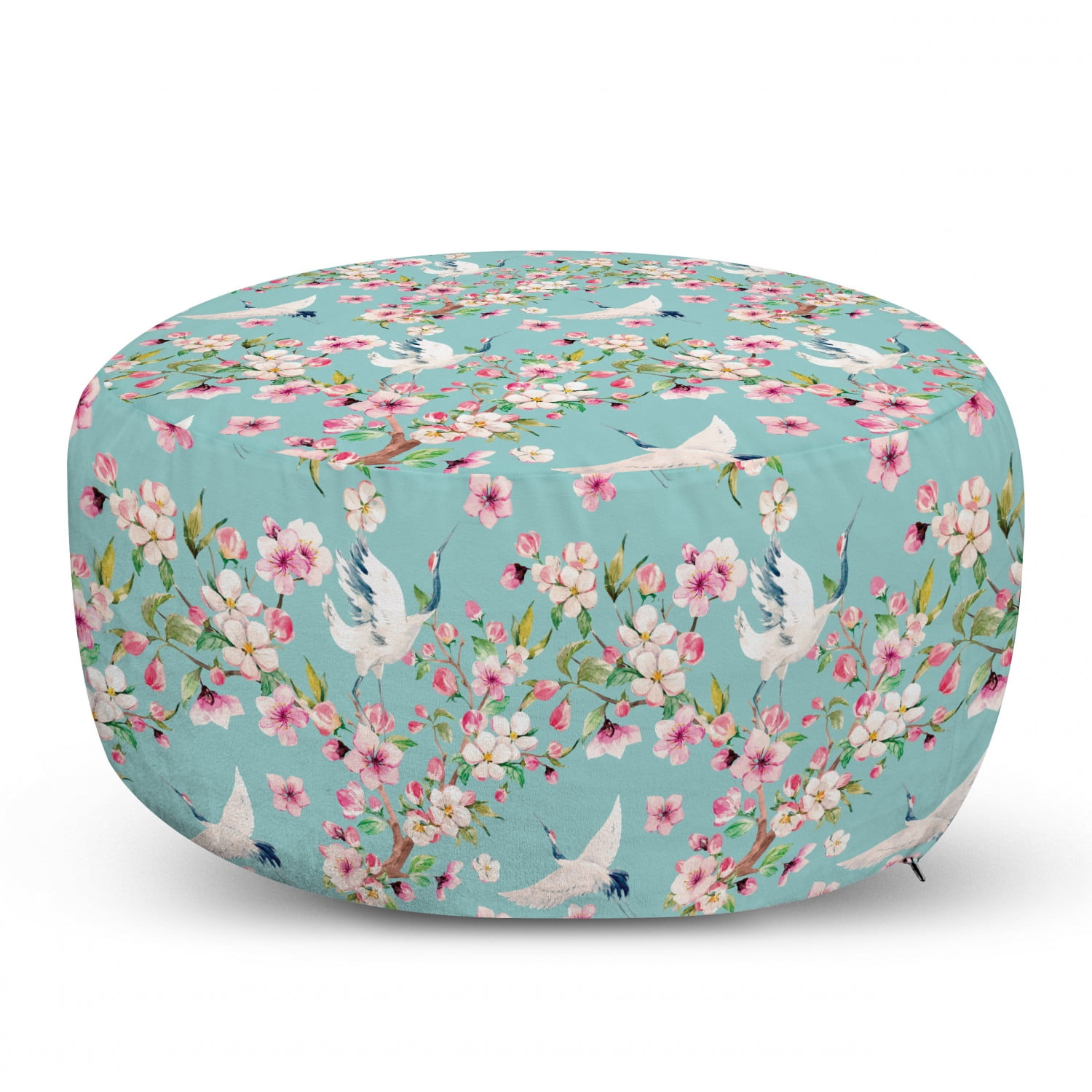 Flowers Pouf Cover with Zipper, Watercolor Art Style Flying Crane Birds ...