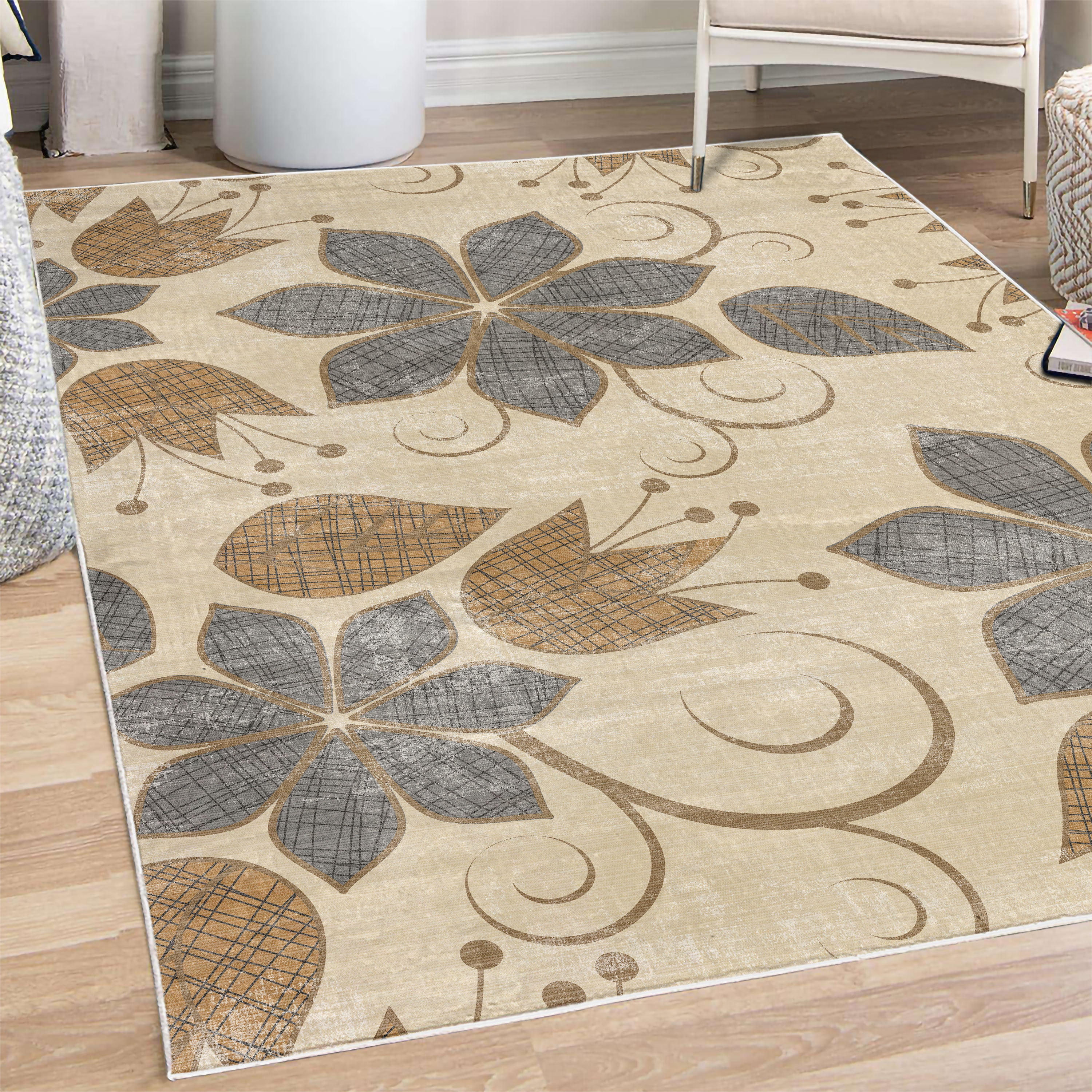 Floral Decorative Rug, Delicate Flowers with Swirling Ivy Branches ...
