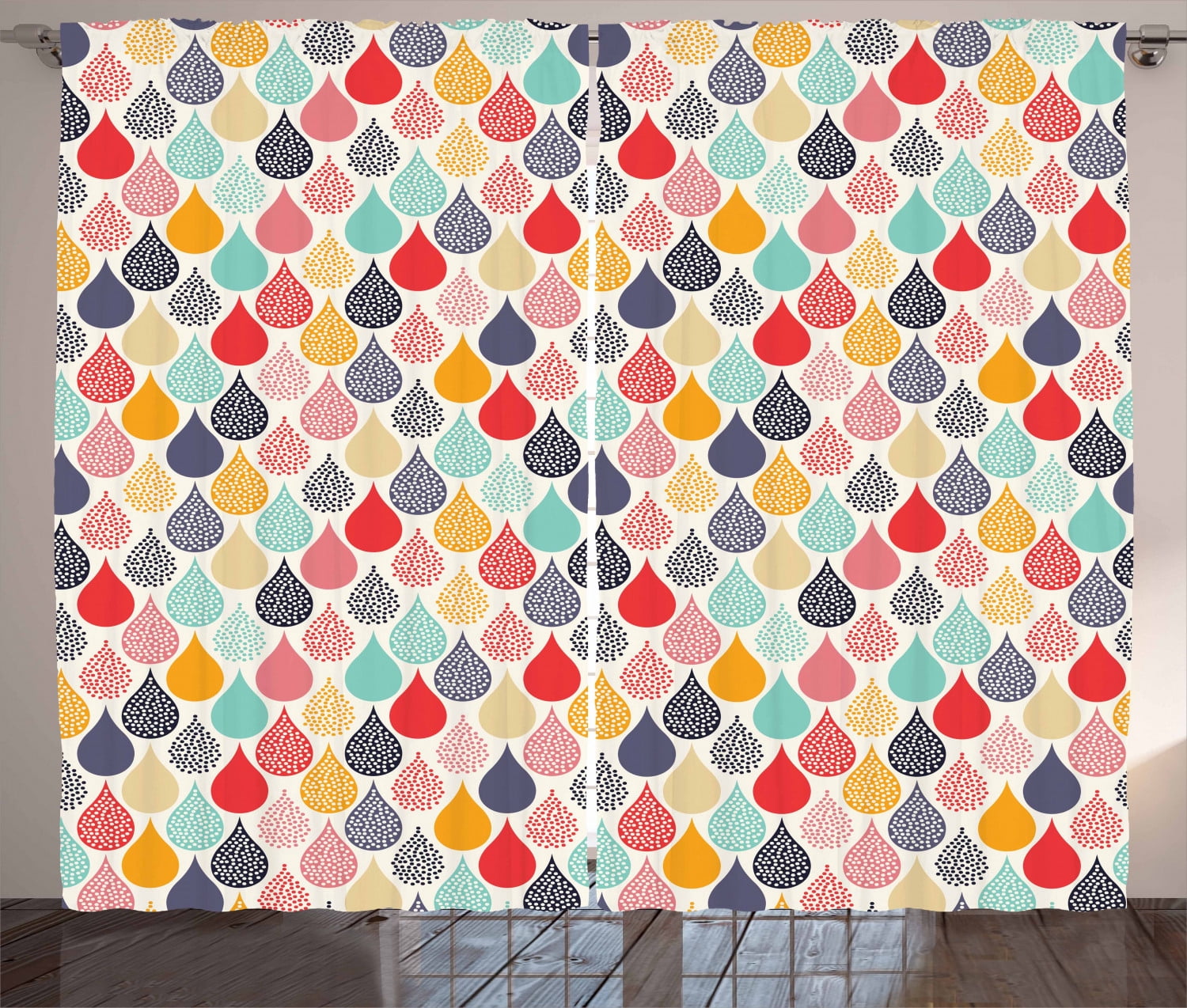 Geometric Curtains 2 Panels Set, Raindrops Doodle Style Cute Creative ...