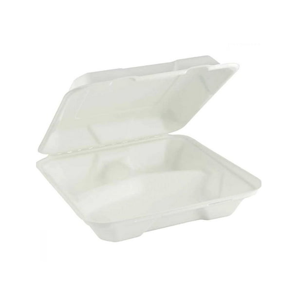9'' x 9'' x 3'' Sugar Cane Fibre Clamshell 3 Compartments ( White ) 100 ...