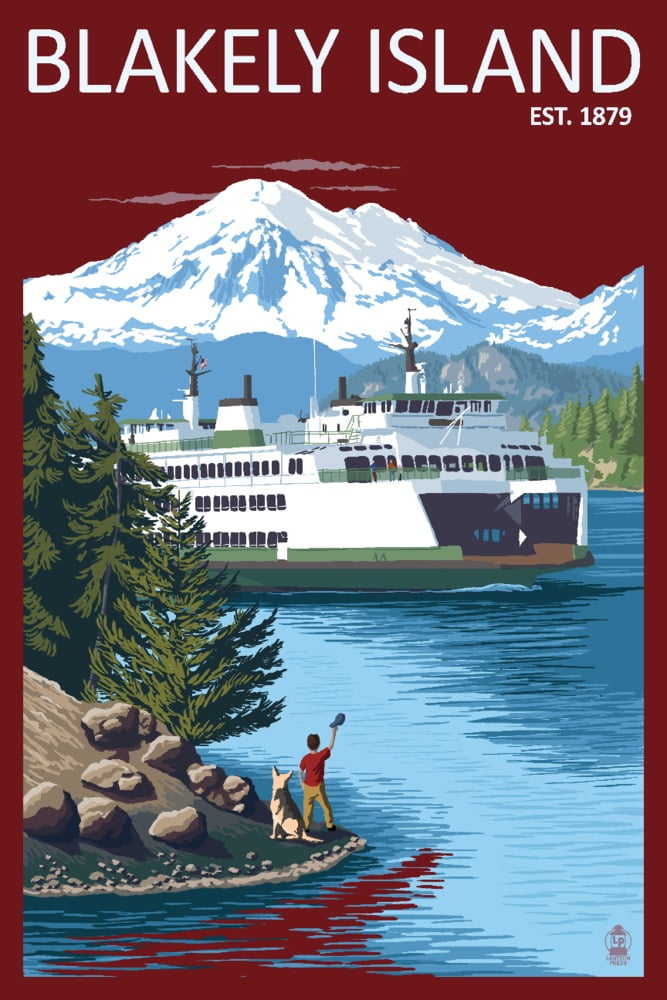 Blakely Island, Washington, Ferry in Passage with Boy Waving Scene ...