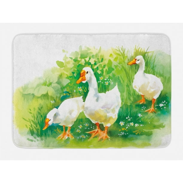 Rubber Duck Bath Mat, Goose in Farm Lake Plants Grass Reeds Flowers ...