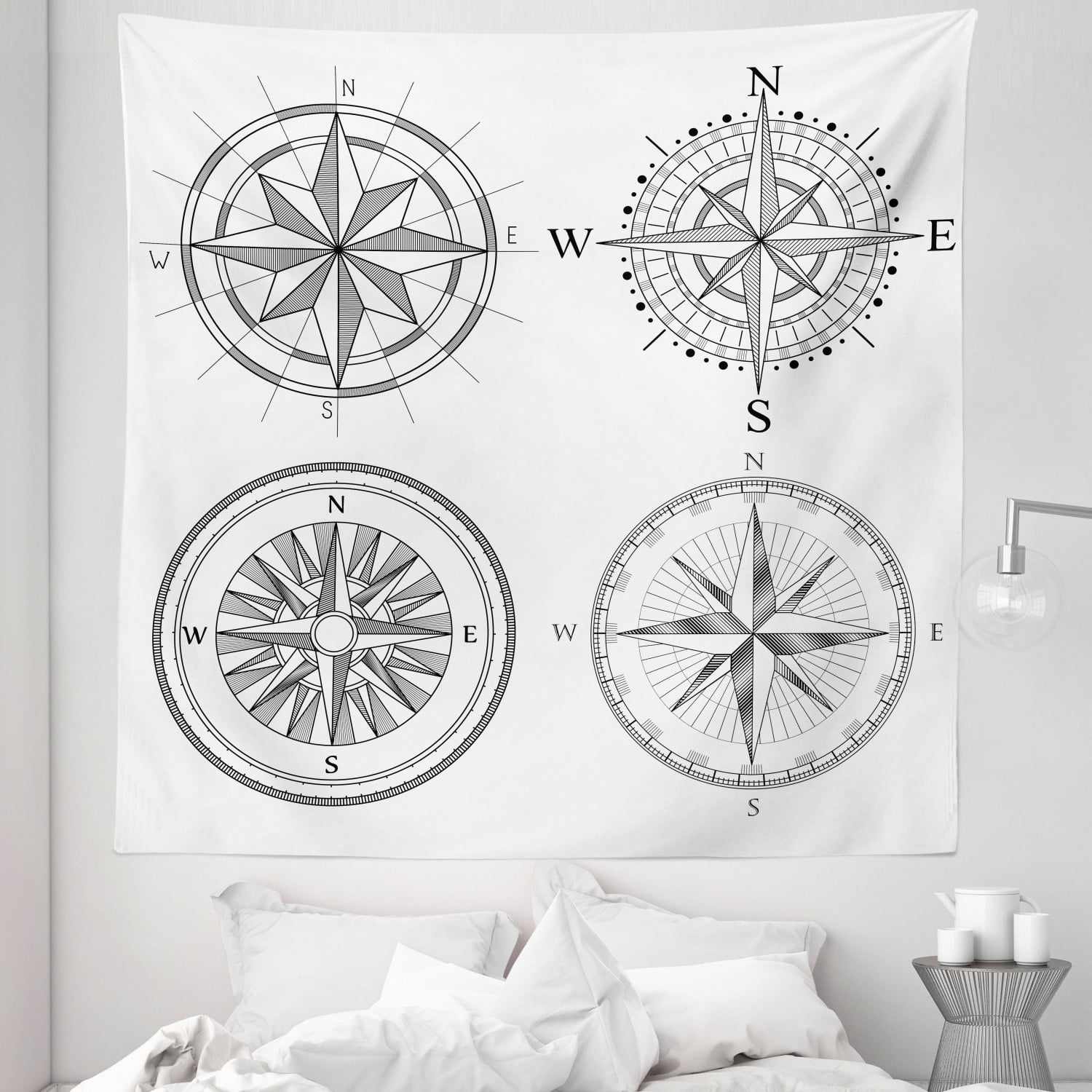 Compass Tapestry, Seafaring Design Windroses in Black and White Sailing ...