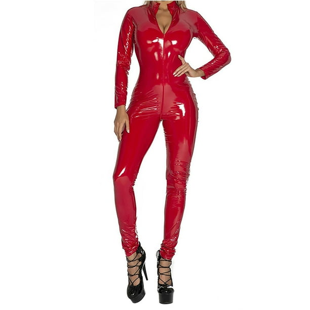 Gaiseeis Womens Leather Bodysuit Latex Overall Catsuit Sexy Jumpsuit Full Body Suit Long Sleeve