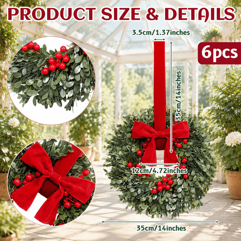6 Pack 11.81 Inch Artificial Boxwood Christmas Wreath With Red Ribbon ...