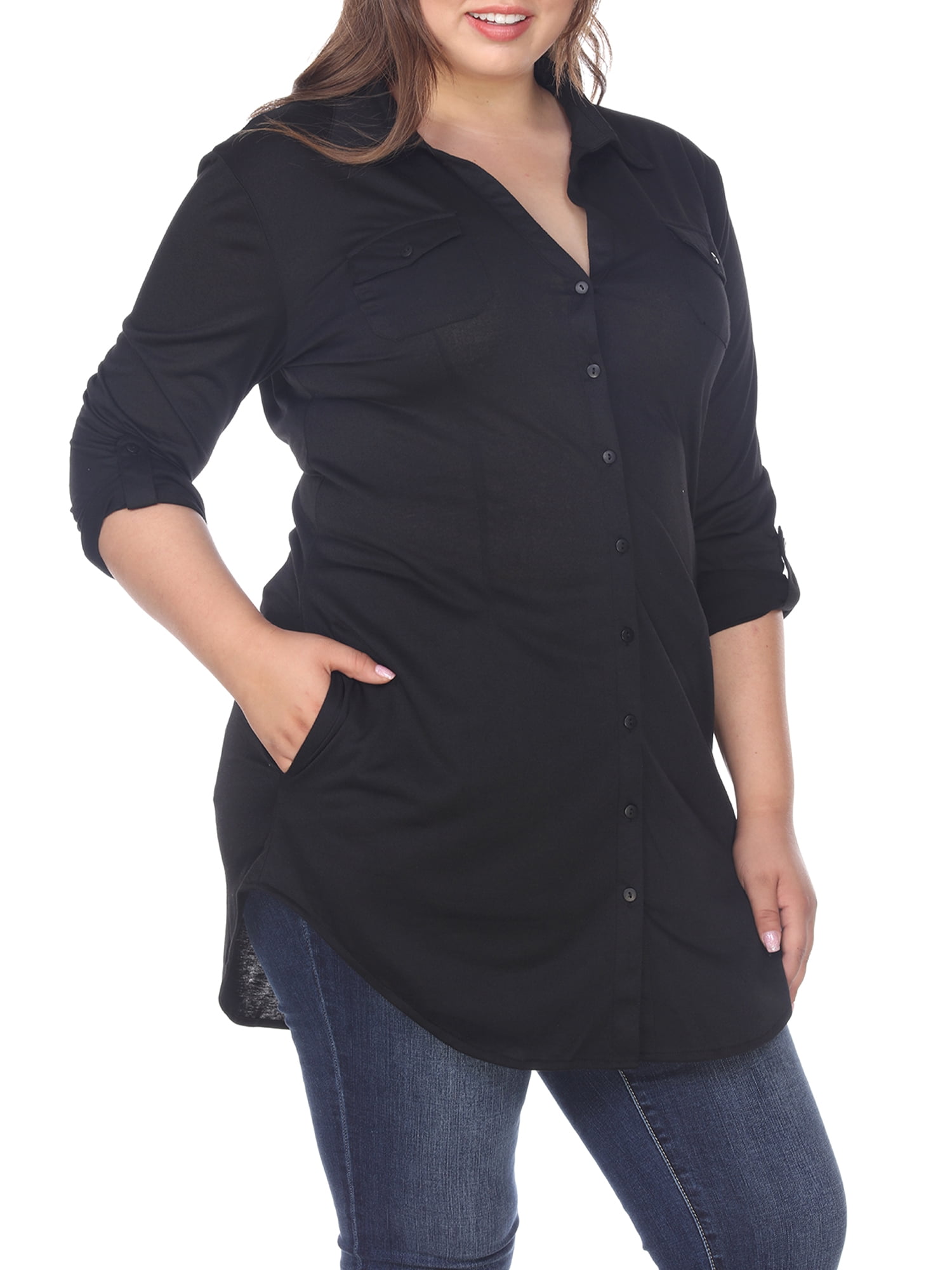 White Mark Women's Plus Size Super Stretch Button-Front Tunic Top ...