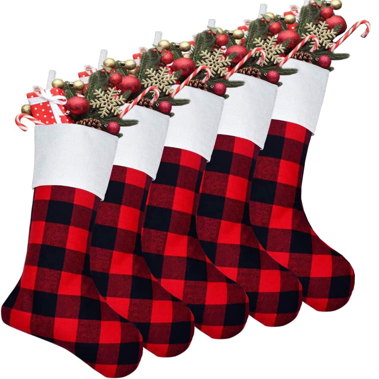 5 Pack Christmas Stockings- 18 Inch Red Black Buffalo Plaid Christmas ...