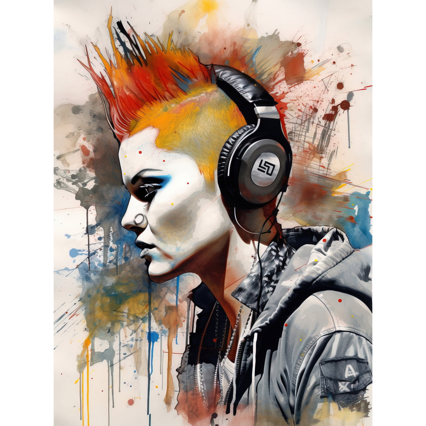 Edgy Young Punk Woman with Red Mohawk and Headphones Listening to Music ...