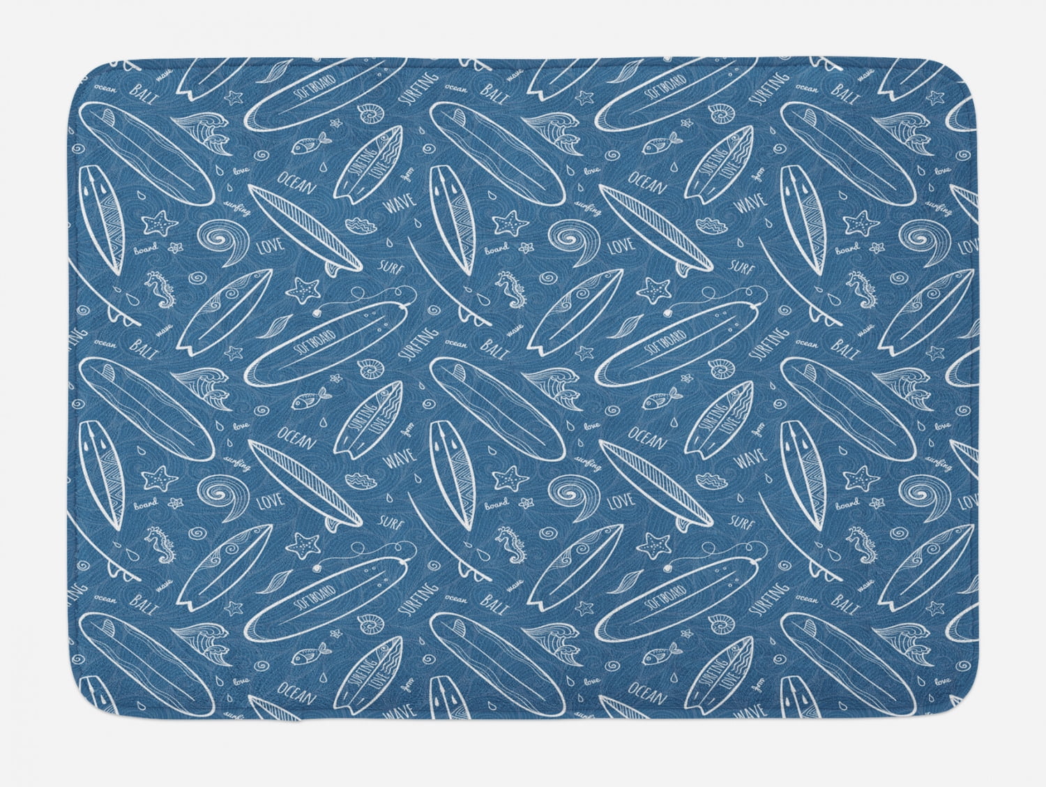 Surfboard Bath Mat, Blue Waters Oceanic Elements Waves Swirls Doodle ...