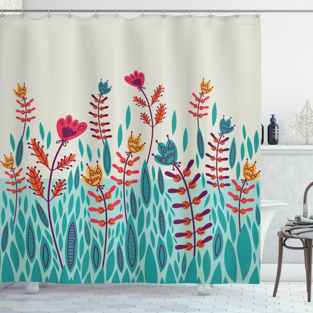Botanical Shower Curtain Doodle Ornamental Poppy Flower With Abstract