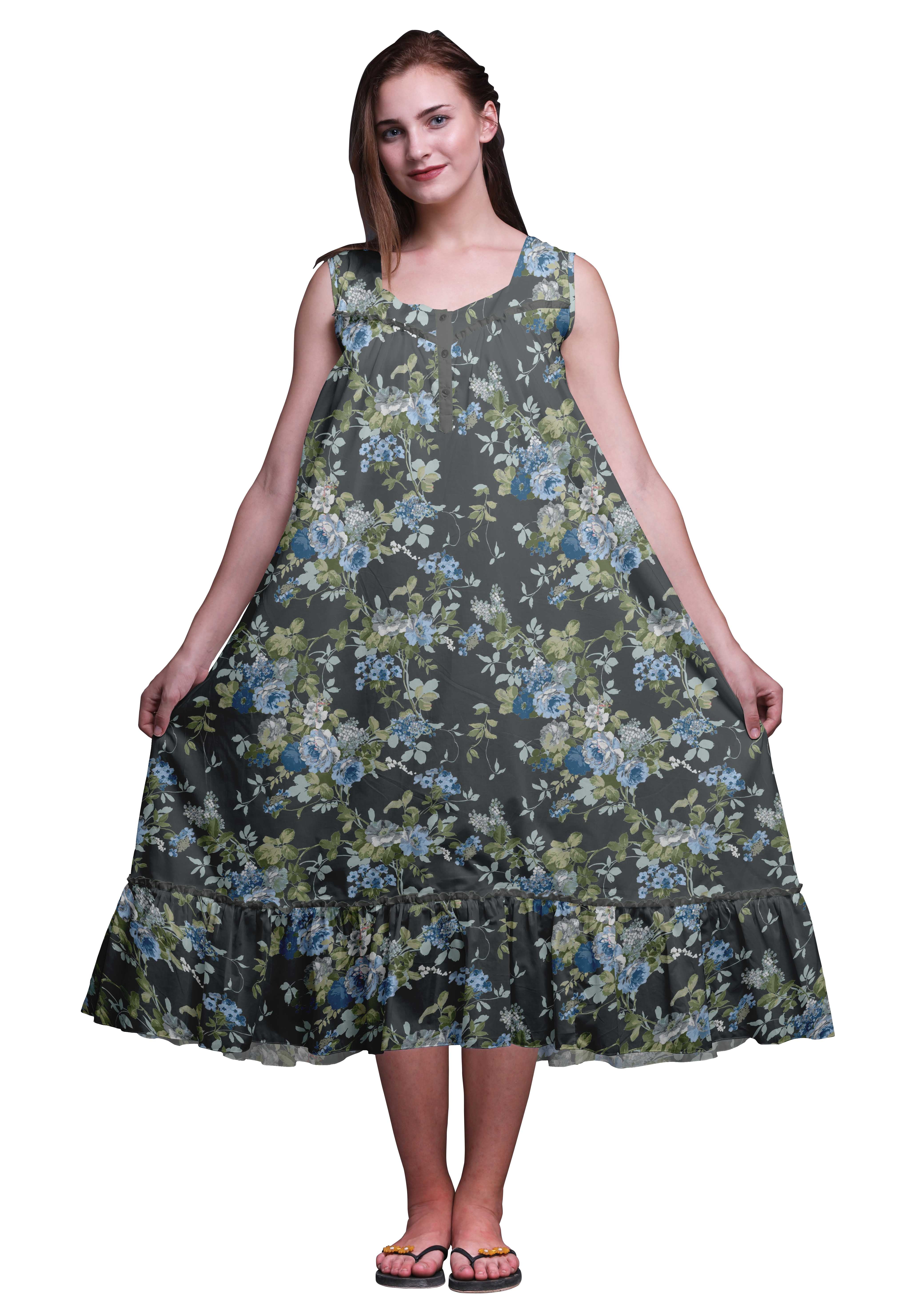 Bimba Gray2 Floral Leaves & Blue Flower Mid Calf Nightwear Ladies ...