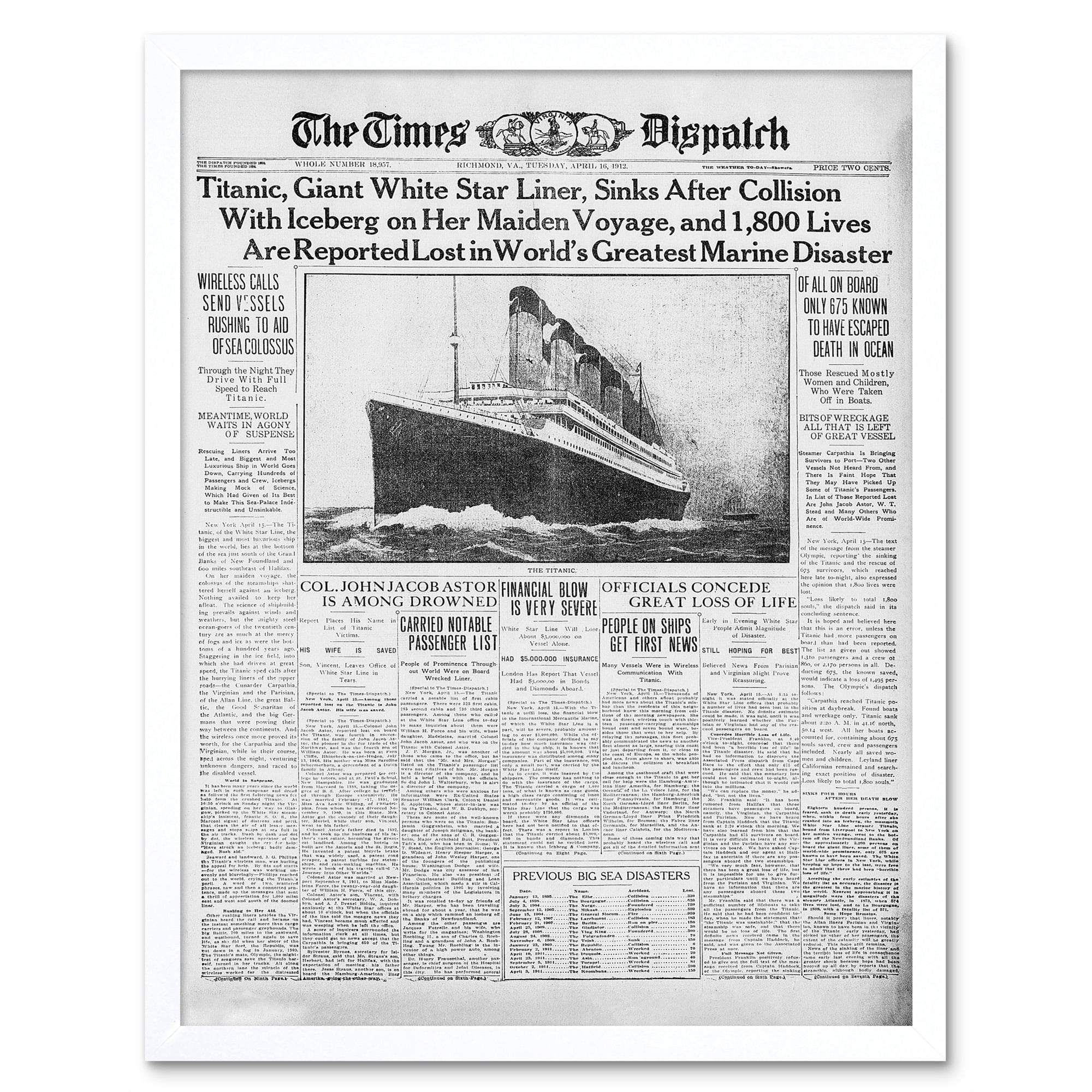 Vintage Newspaper Front Page The Times Dispatch Article Titanic Maiden ...