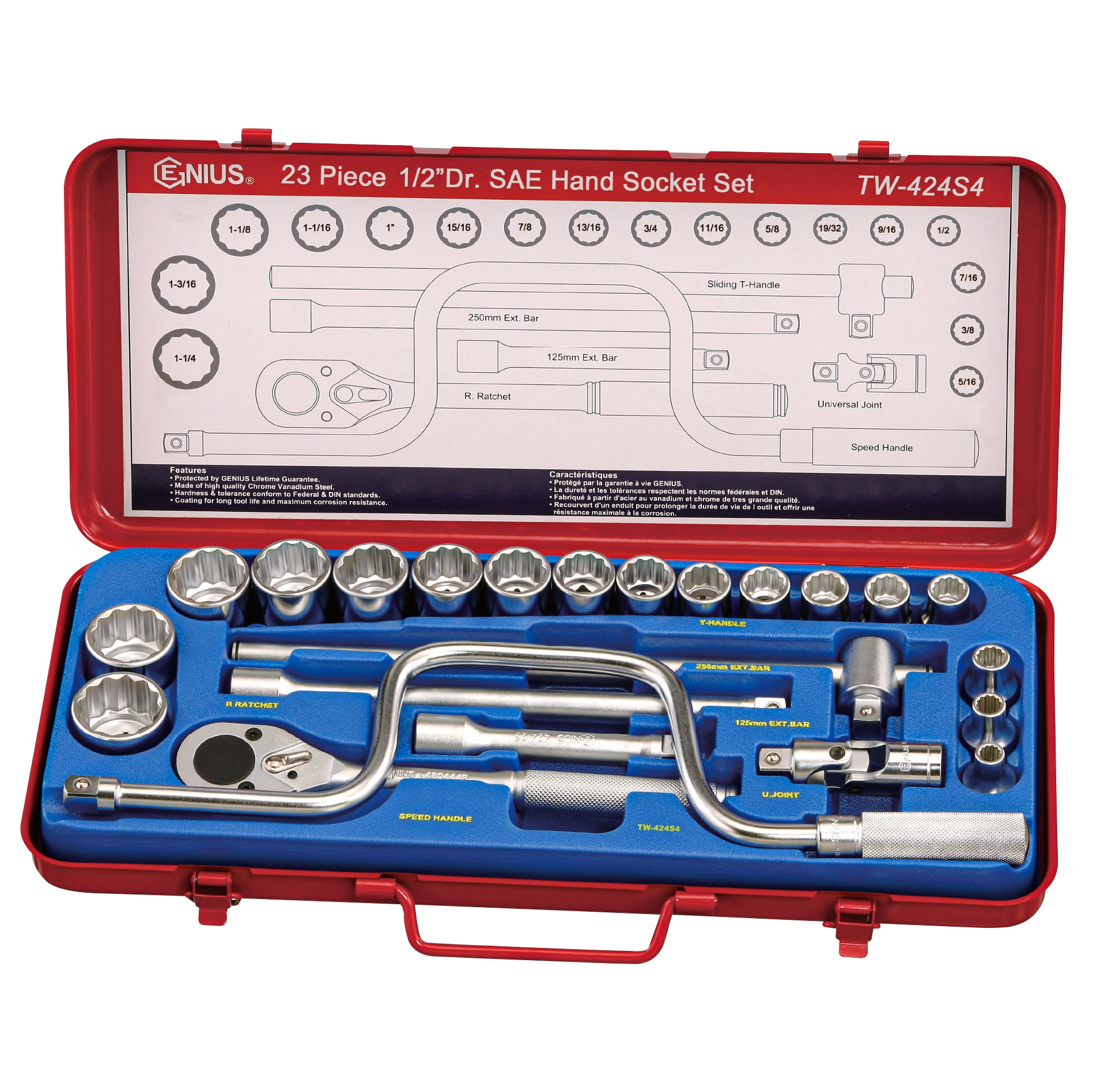 Genius Tools 23 Piece 1/2" Dr. SAE Hand Socket Set (12-Point) - TW ...