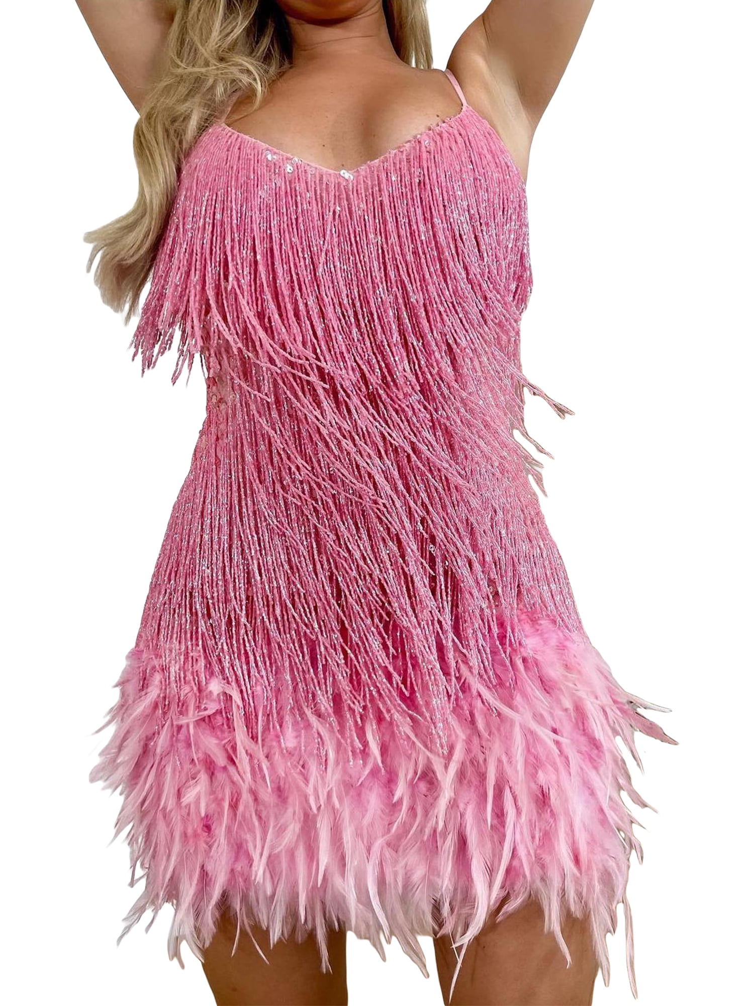 Sunisery Women Spaghetti Strap Sparkle Mini Dress Low Cut Sequin Glitter Fringe Feather Trim