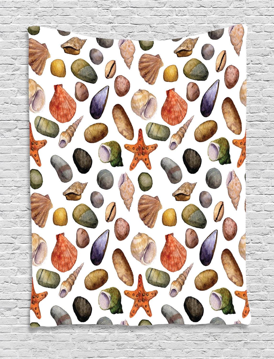 Shells Tapestry, Beach Sand Theme Watercolor Drawing of Sea Elements ...