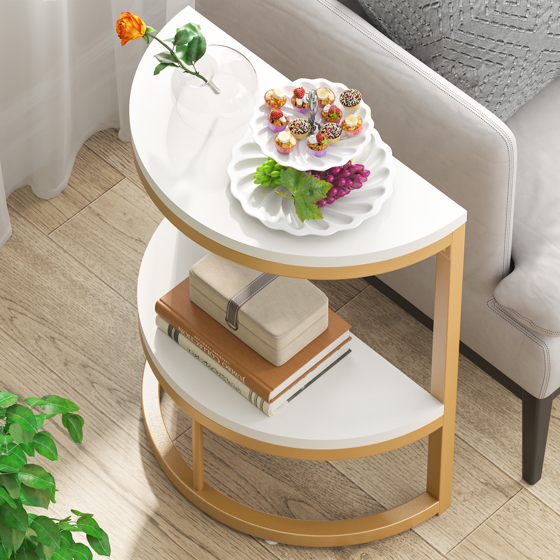 Tribesigns End Table Half Round, 2-Tier Slim C Table for Living Room ...
