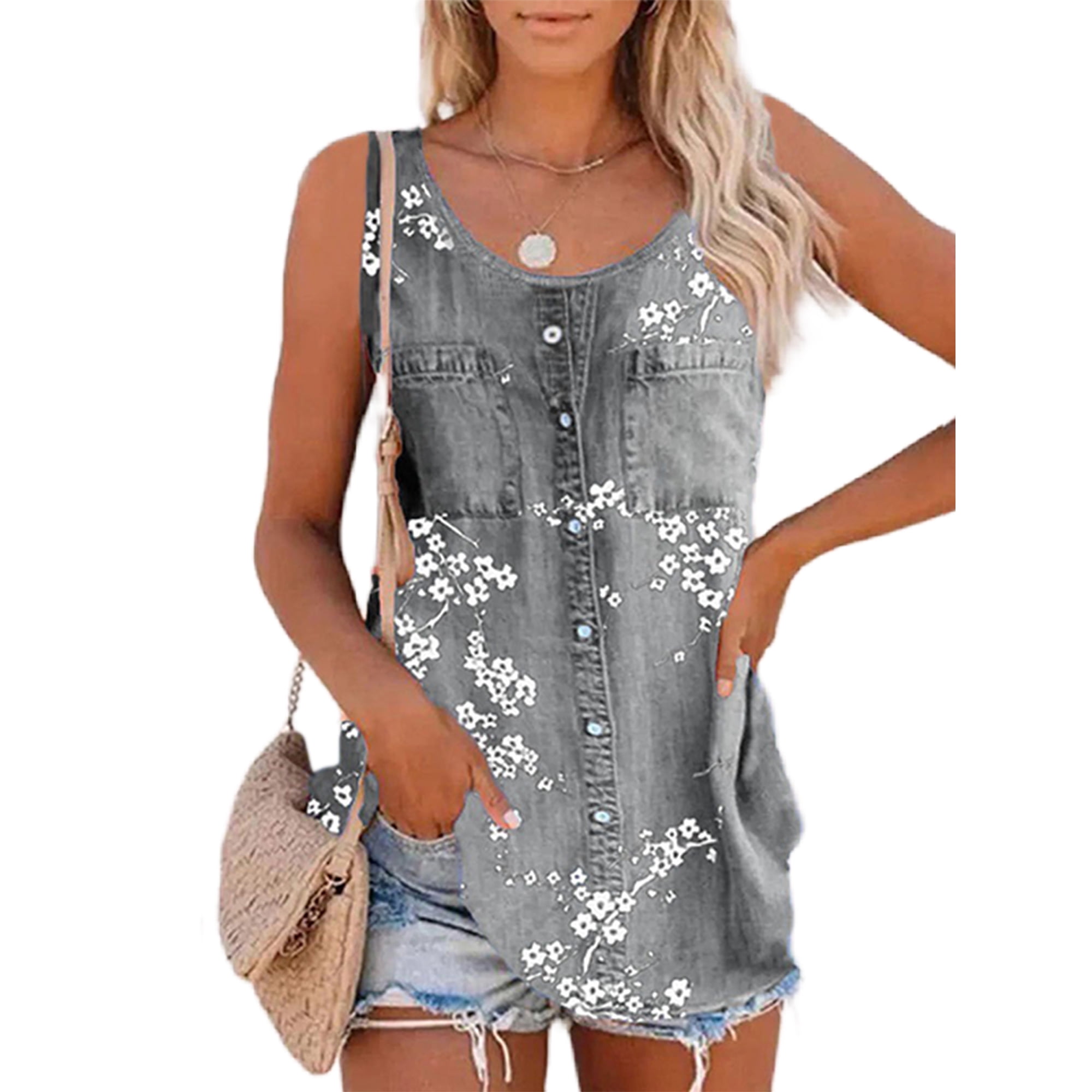 Click here for Bellella Women Denim Vest Button Tank Tops Floral... prices