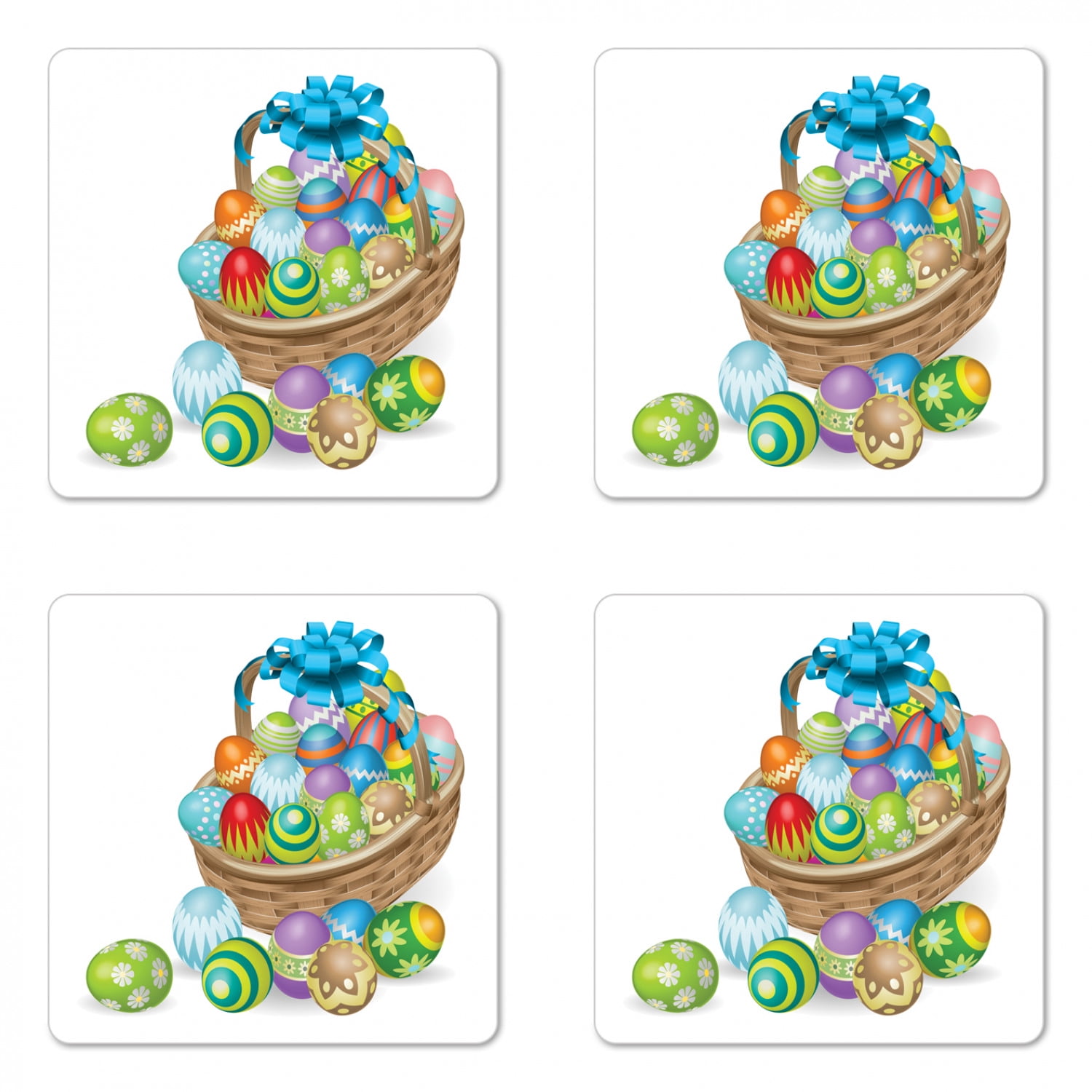 Easter Coaster Set of 4, Basket of Colorful Ornamental Eggs with a Blue ...