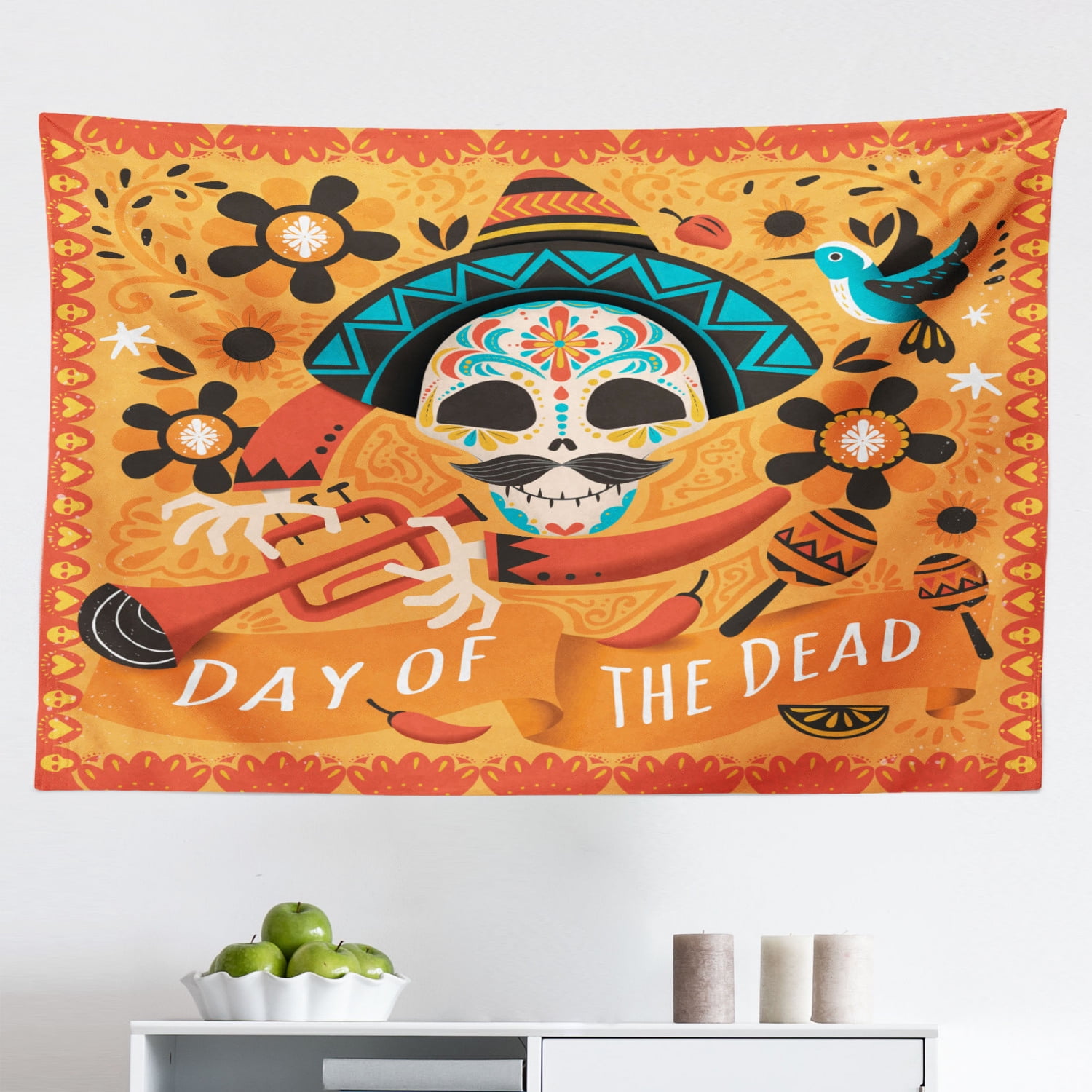 Sugar Skull Tapestry, Pattern with Floral Funky Latin American ...