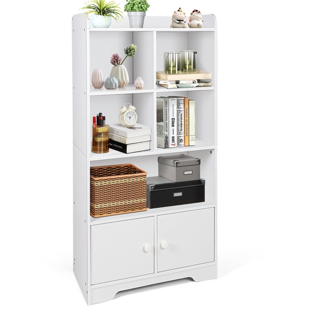 Costway 4-Tier Bookshelf 2-Door Storage Cabinet w/4 Cubes Display Shelf ...