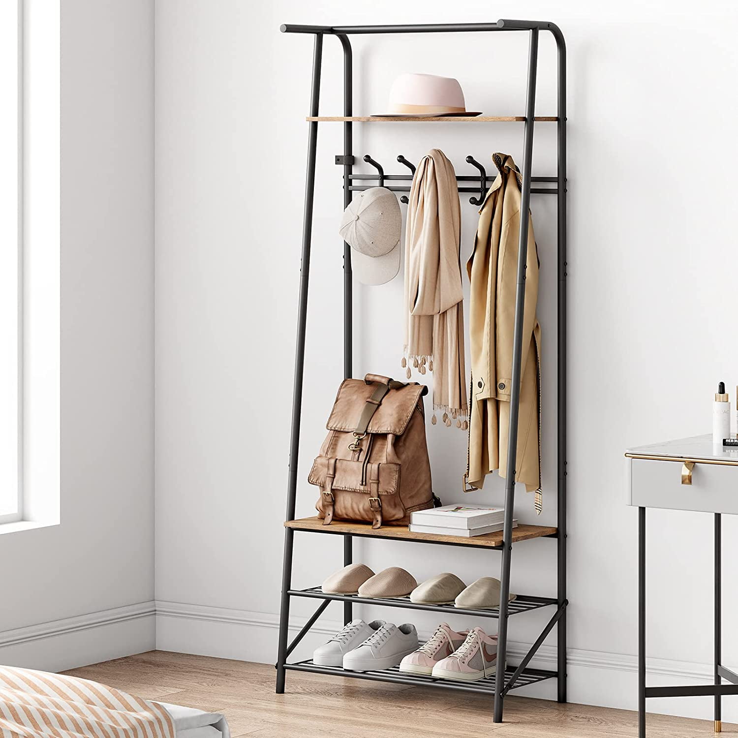 HOSSLLY 3-in-1 Entryway Coat Rack, Vintage Metal and Wood Hall Tree ... HOSSLLY 3-in-1 Entryway Coat Rack, Vintage Metal and Wood Hall Tree ...