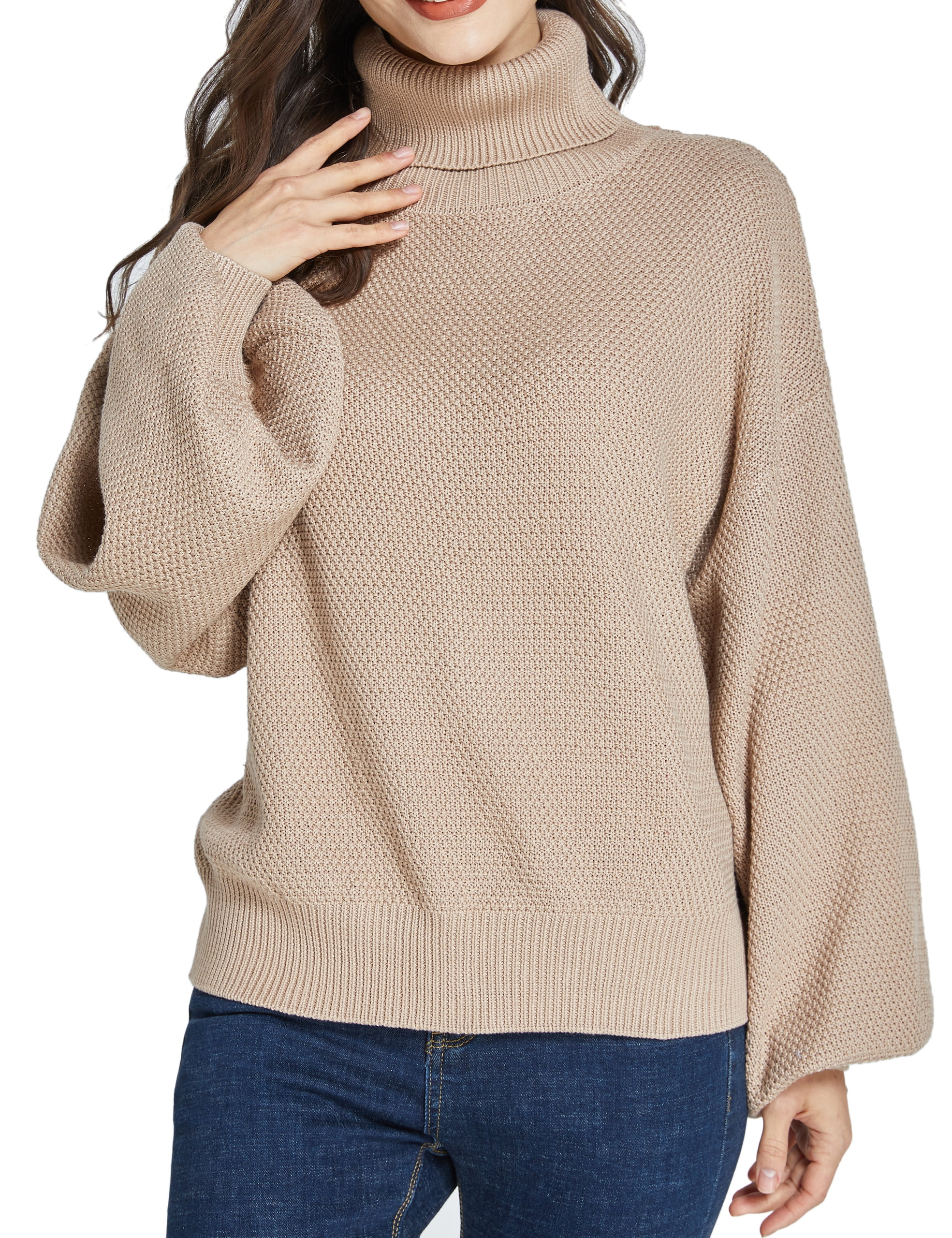 SSLR Oversized Sweaters for Women Turtleneck Sweater Drop Shoulder Knit ...