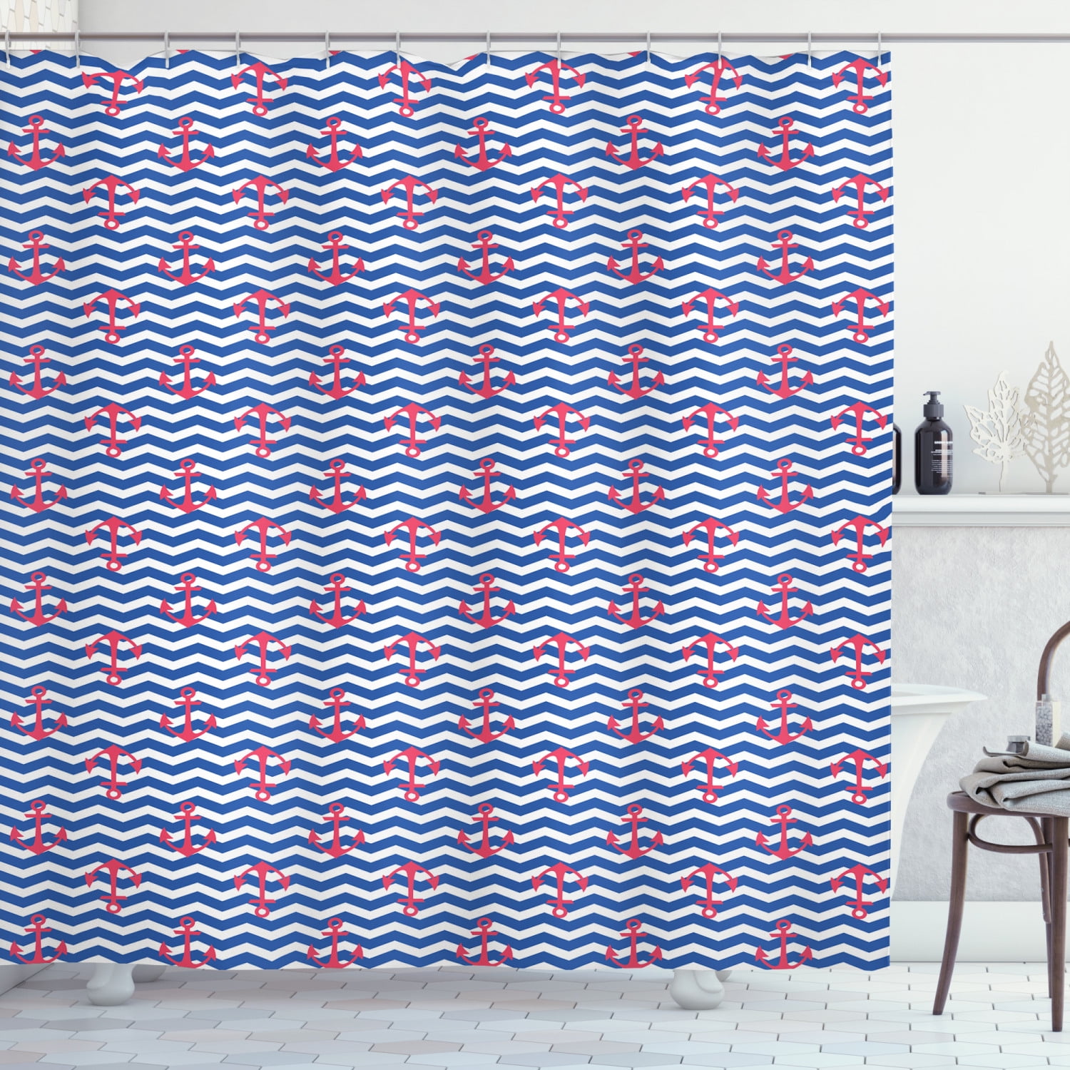 Ambesonne Anchor Shower Curtain, Anchors Slhouettes Waves, 69"Wx84"L ...