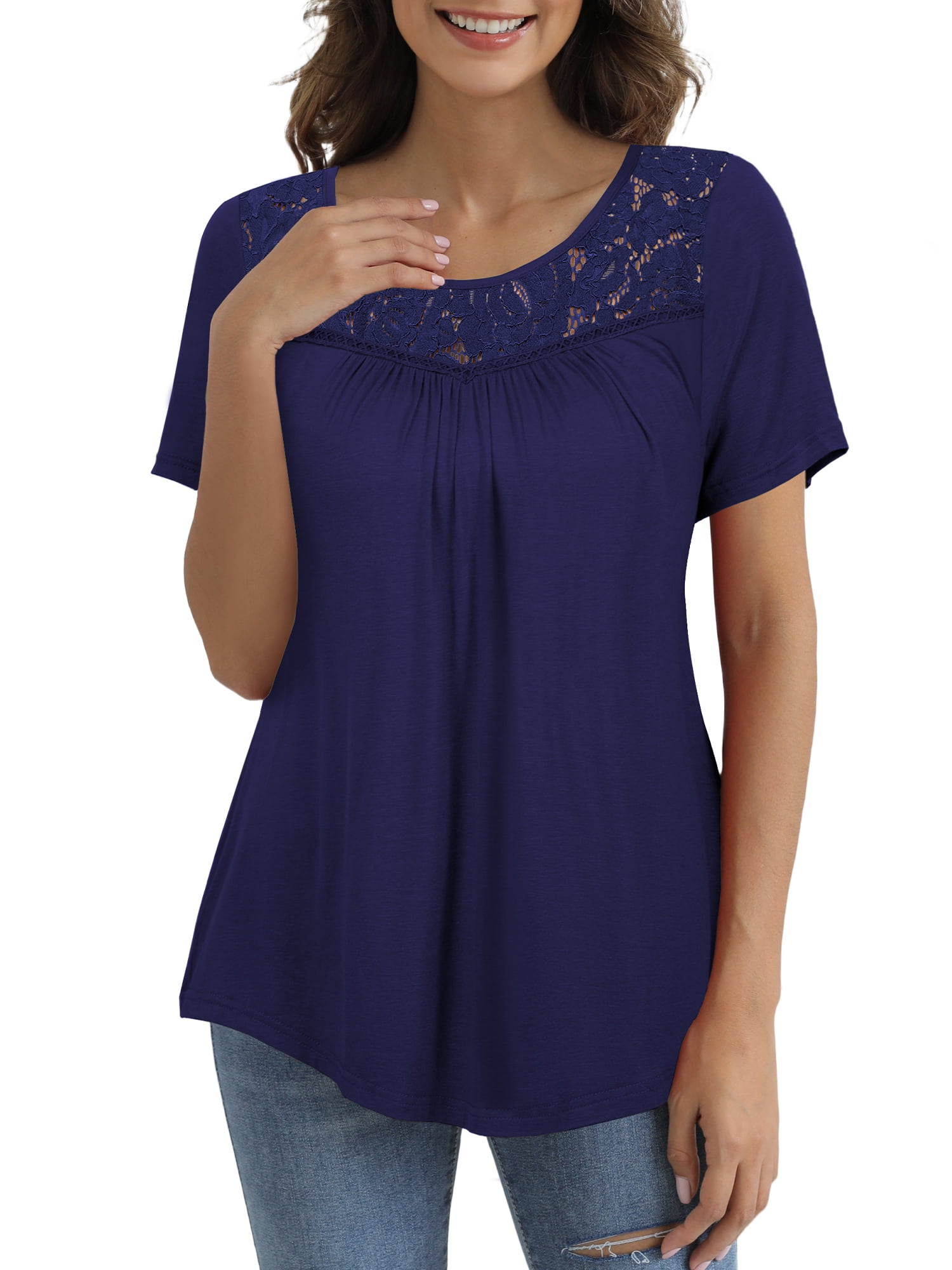 a.Jesdani Womens Tops Plus Size Short Sleeve Navy Blue Shirts Lace ...